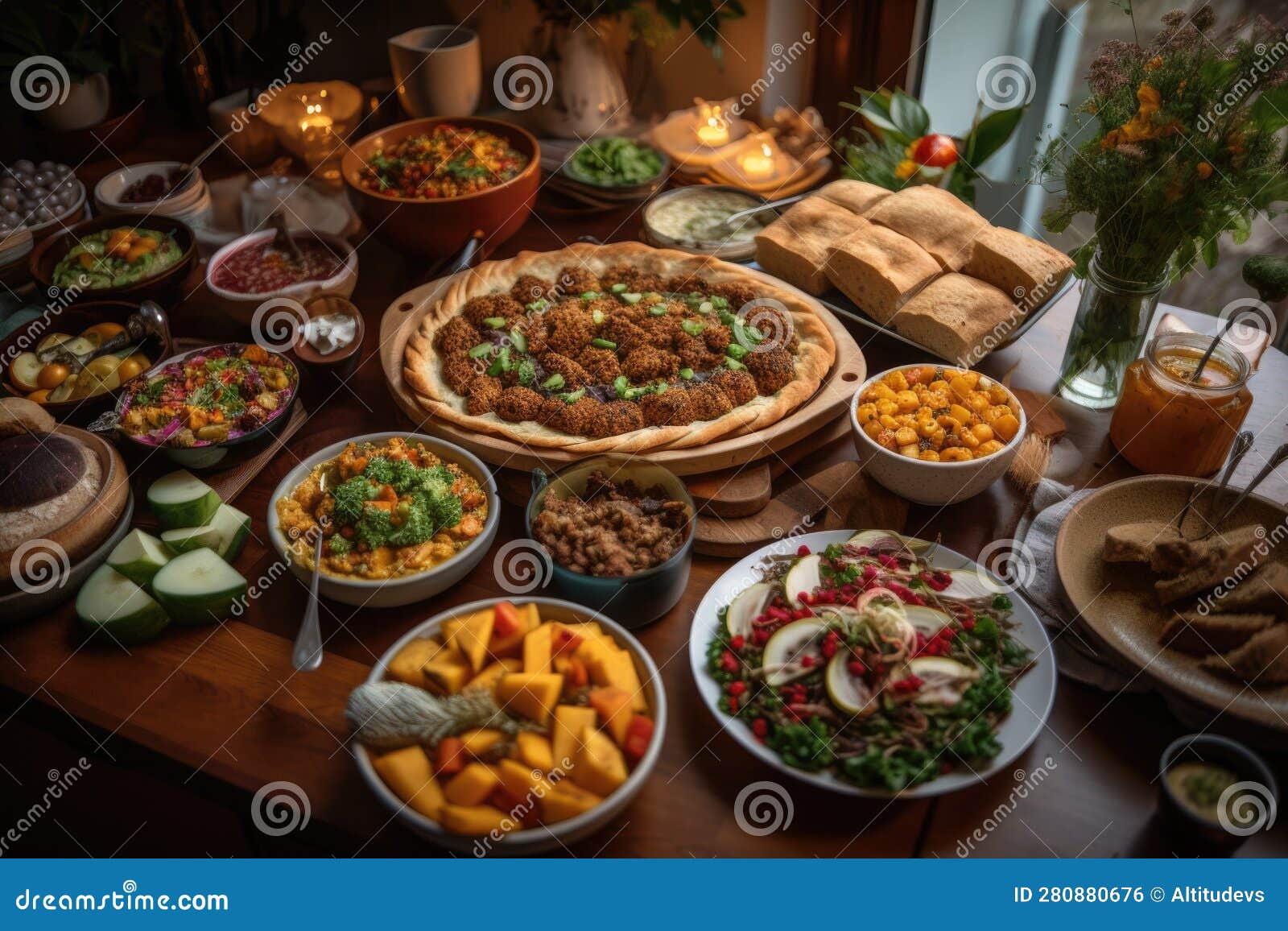 Plant-based Feast, Featuring Variety of Vegetable and Fruit Dishes ...