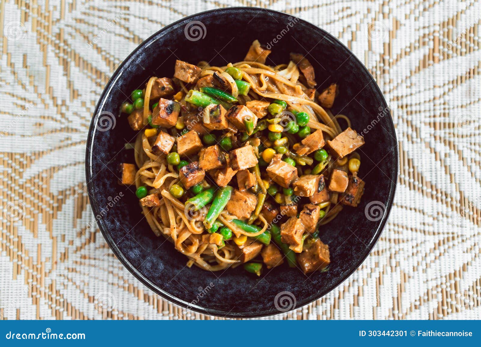 Plant-based Rice Noodles with Mixed Greens and Marinated Tofu Cubes ...