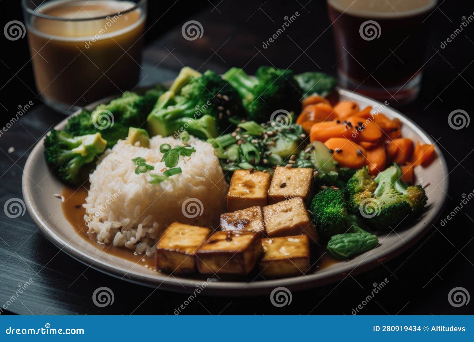 Plant-based and Vegan Dinner Plate with Rice, Veggies, and Tofu Stock ...