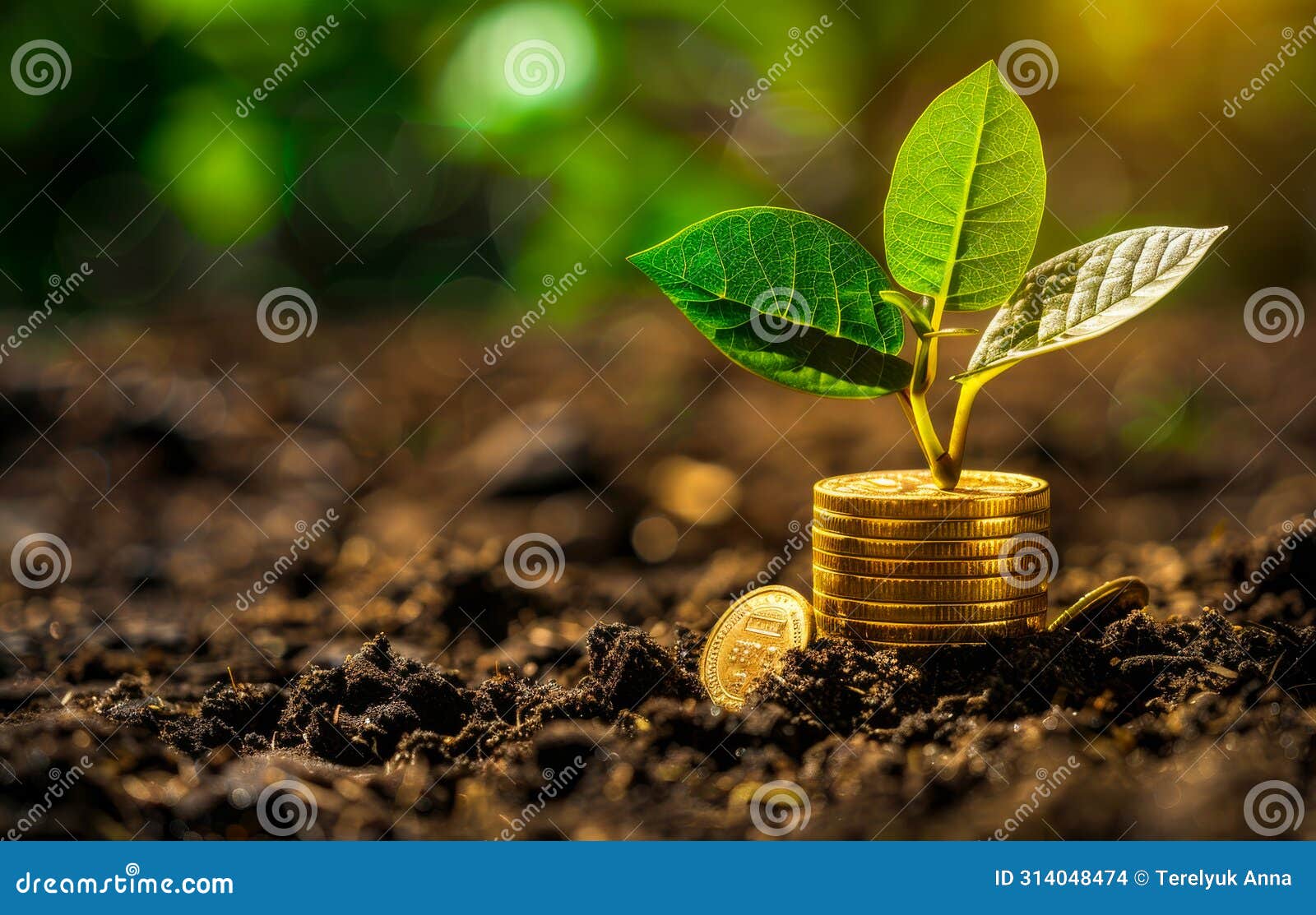 Plant Growing from Coins in the Soil. a Stack of Gold Coins with Green ...