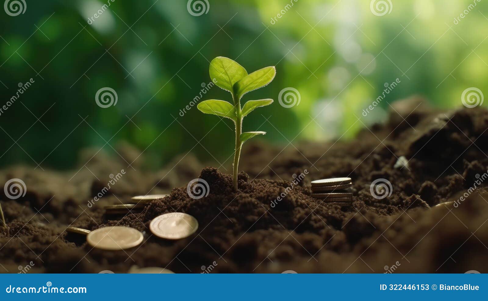 Young Plant Growing from a Stack of Coins in Soil. Financial Growth ...