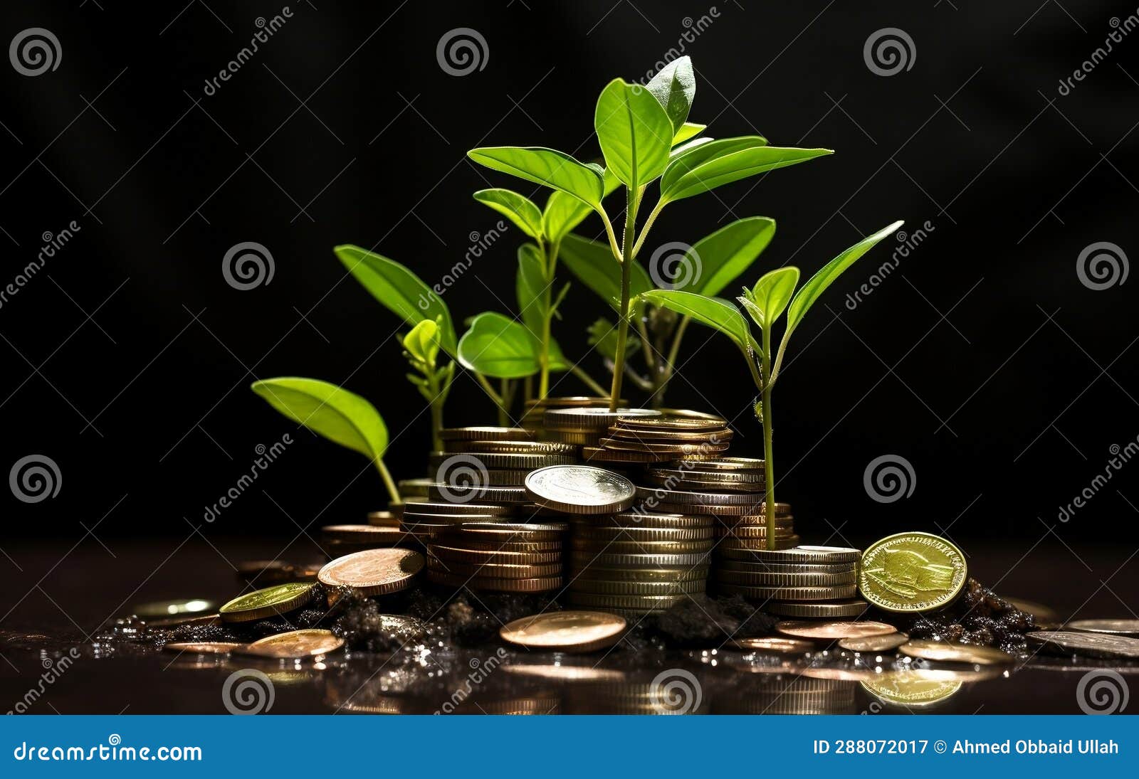 Plant Growing on a Stack of Coins, Generative Ai Stock Image - Image of ...