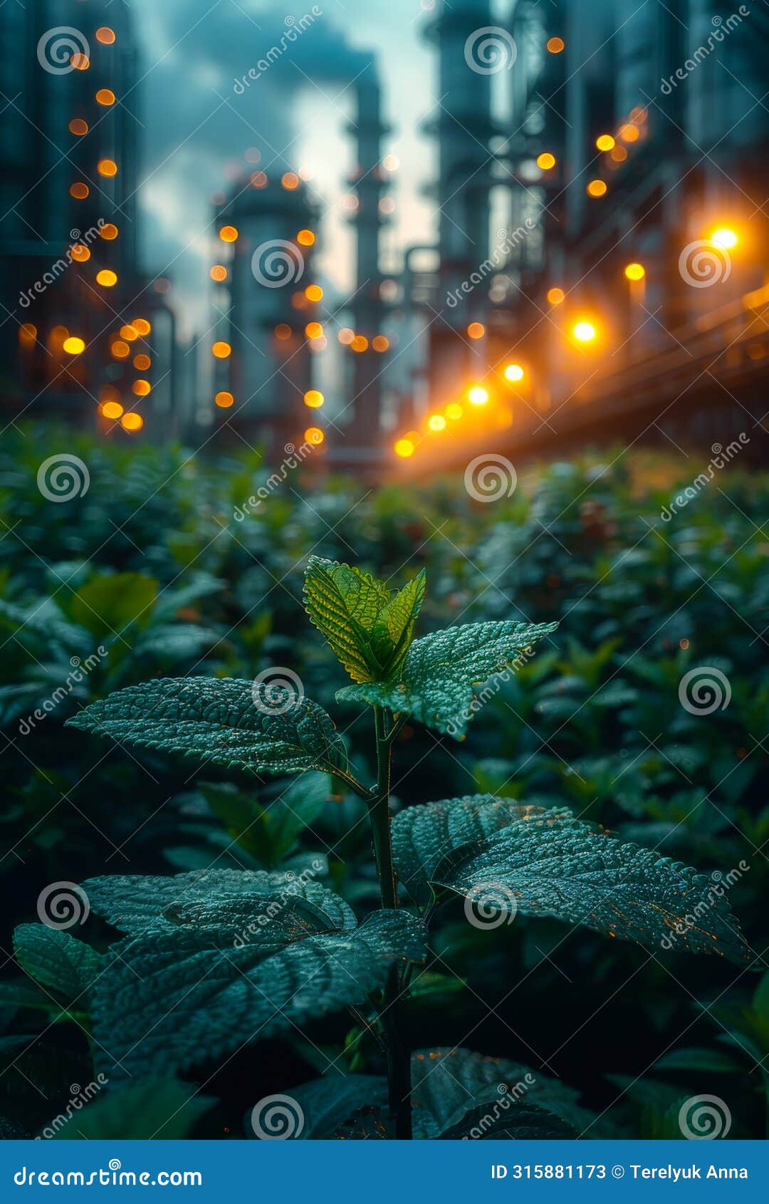 Plant Grows in Front of Chemical Plant at Night. Decarbonization Stock ...