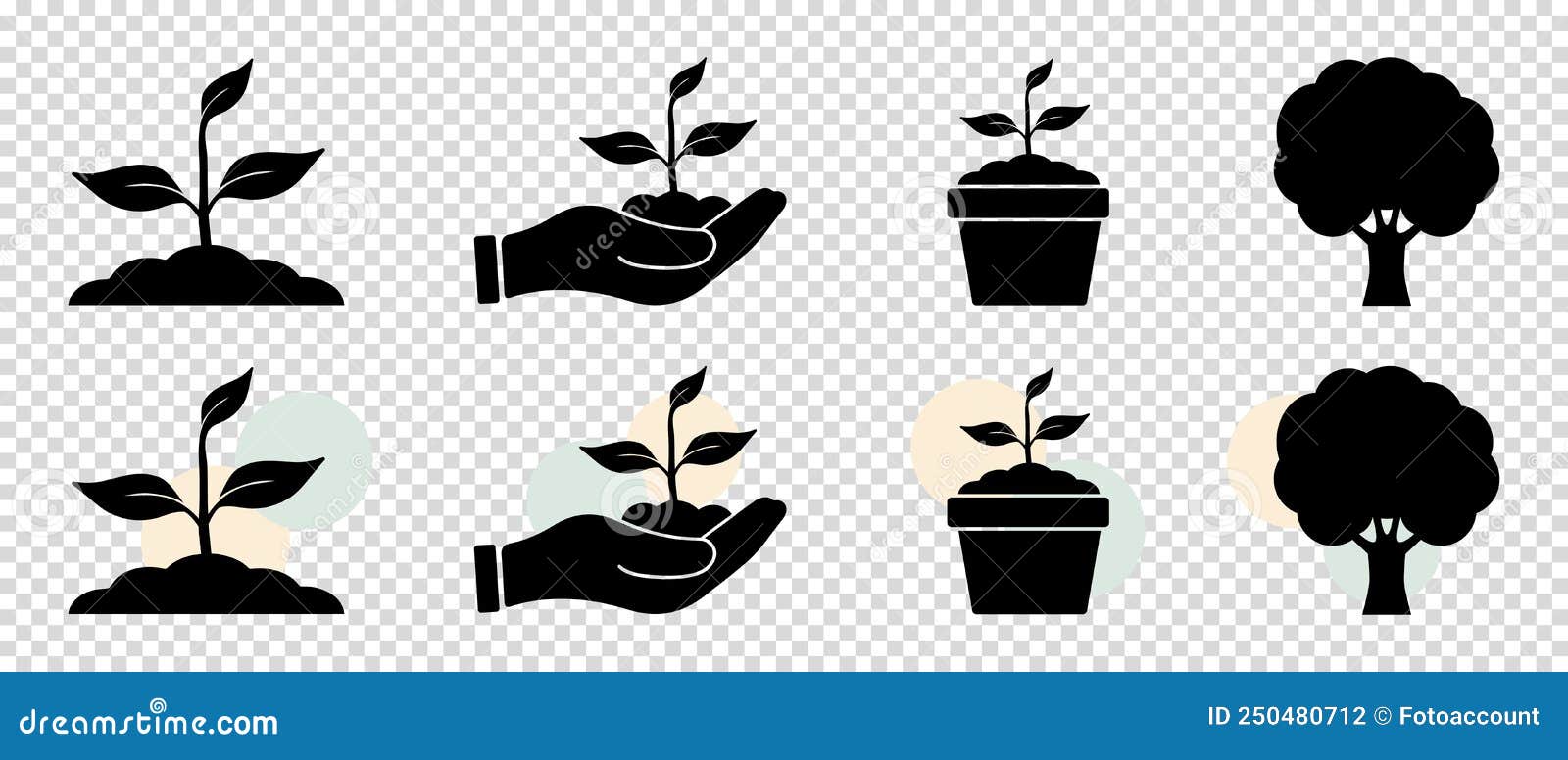 Plant Icon Set with Tree, Pot and Open Hand - Different Vector ...