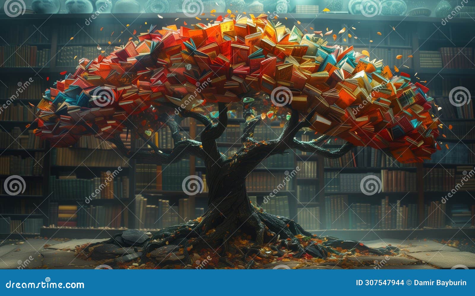 A Tree Plant Growing Inside a Library Building Made of Books Stock ...