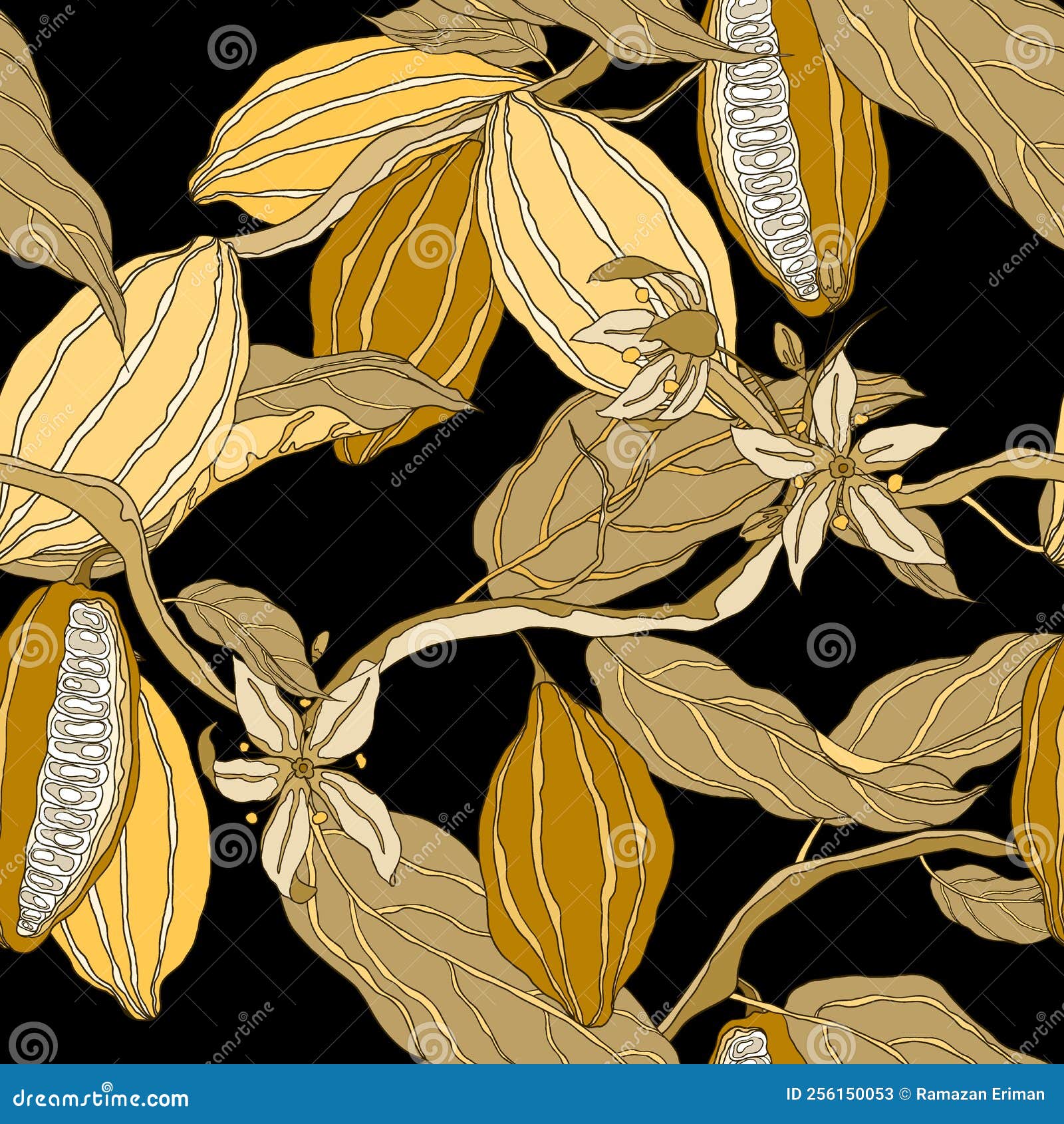 Plant Seamless Pattern, Hand Drawn Line Art Cocoa Tree on Bright Grey ...