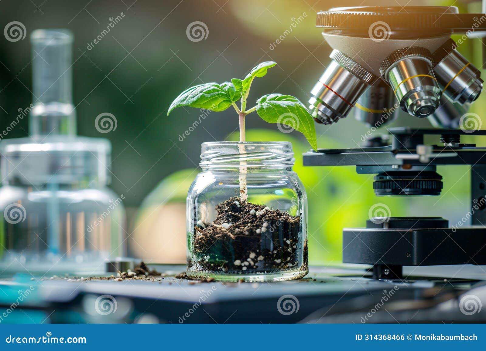 Plant Seedling in Jar in Research Lab with Microscope. Concept for ...