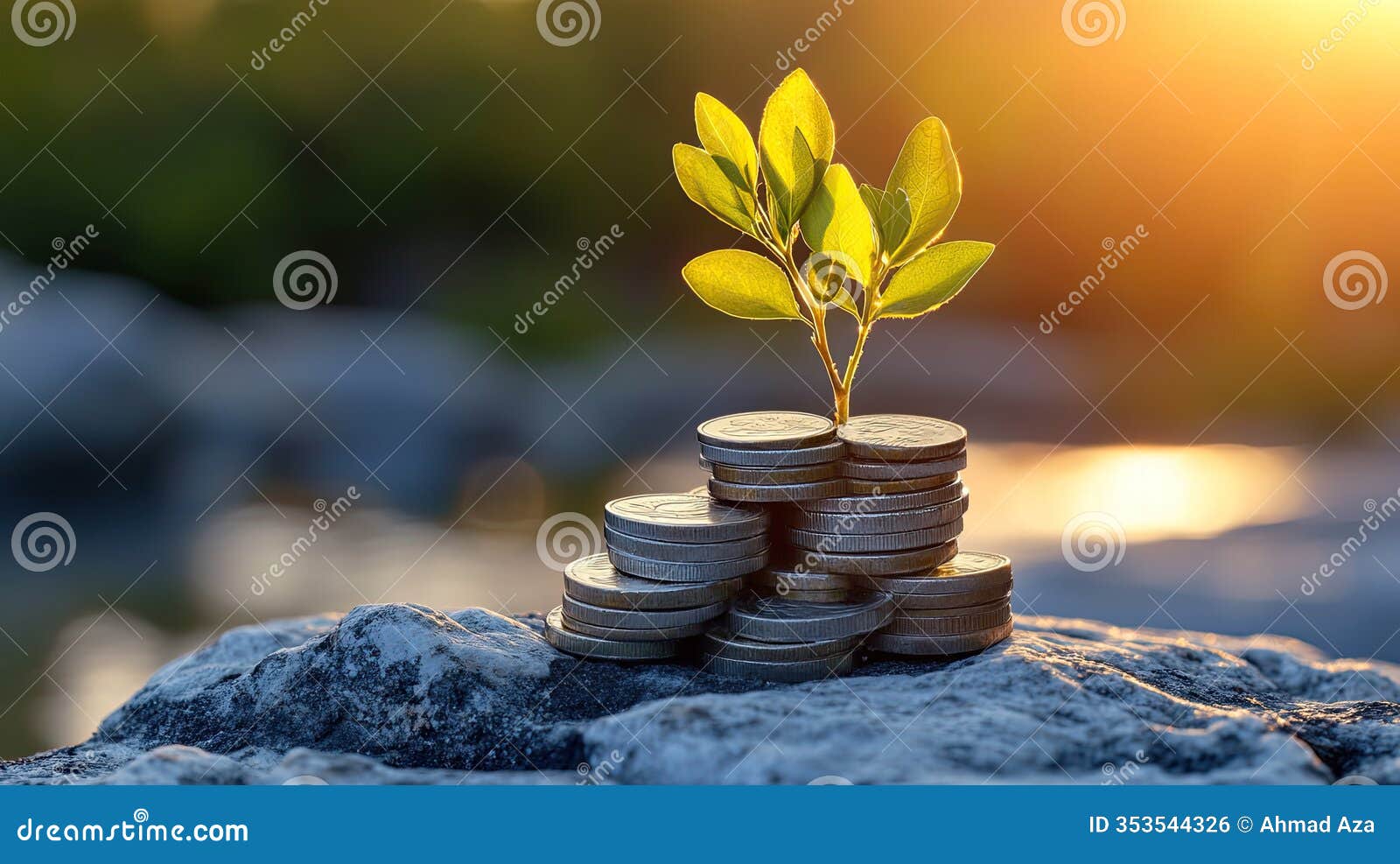 Plant Sprouting from Coin Stack on Rock Stock Photo - Image of ...