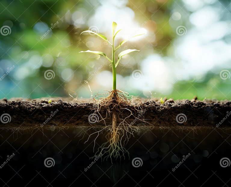 A Plant with a Strong Root System in the Soil. Ai Generative Stock ...