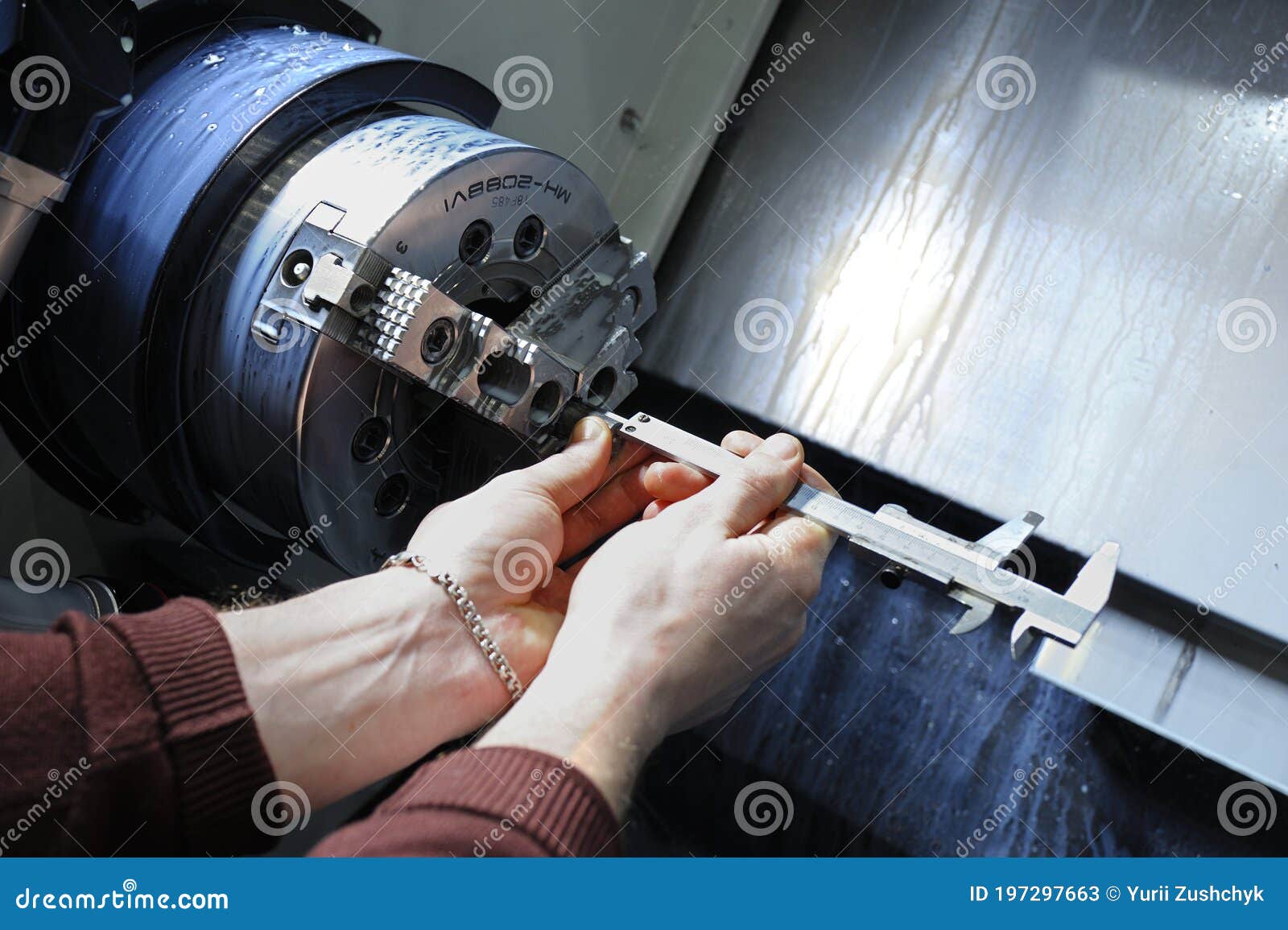 At the Plant. Workers Hands Checking Dimensions of Part Fixed in the ...