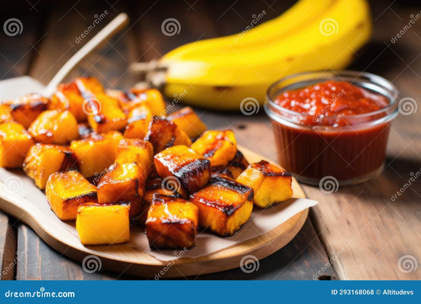 Plantains with Mango Bbq Sauce, on a Rustic Wooden Table Stock Photo ...