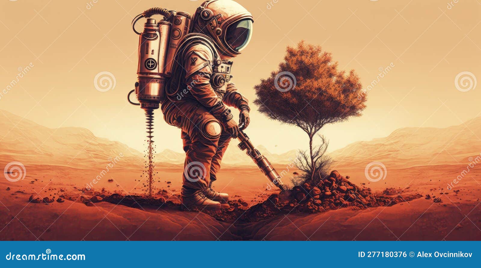 Planting a Tree on Mars: a Futuristic Mission. Stock Illustration ...