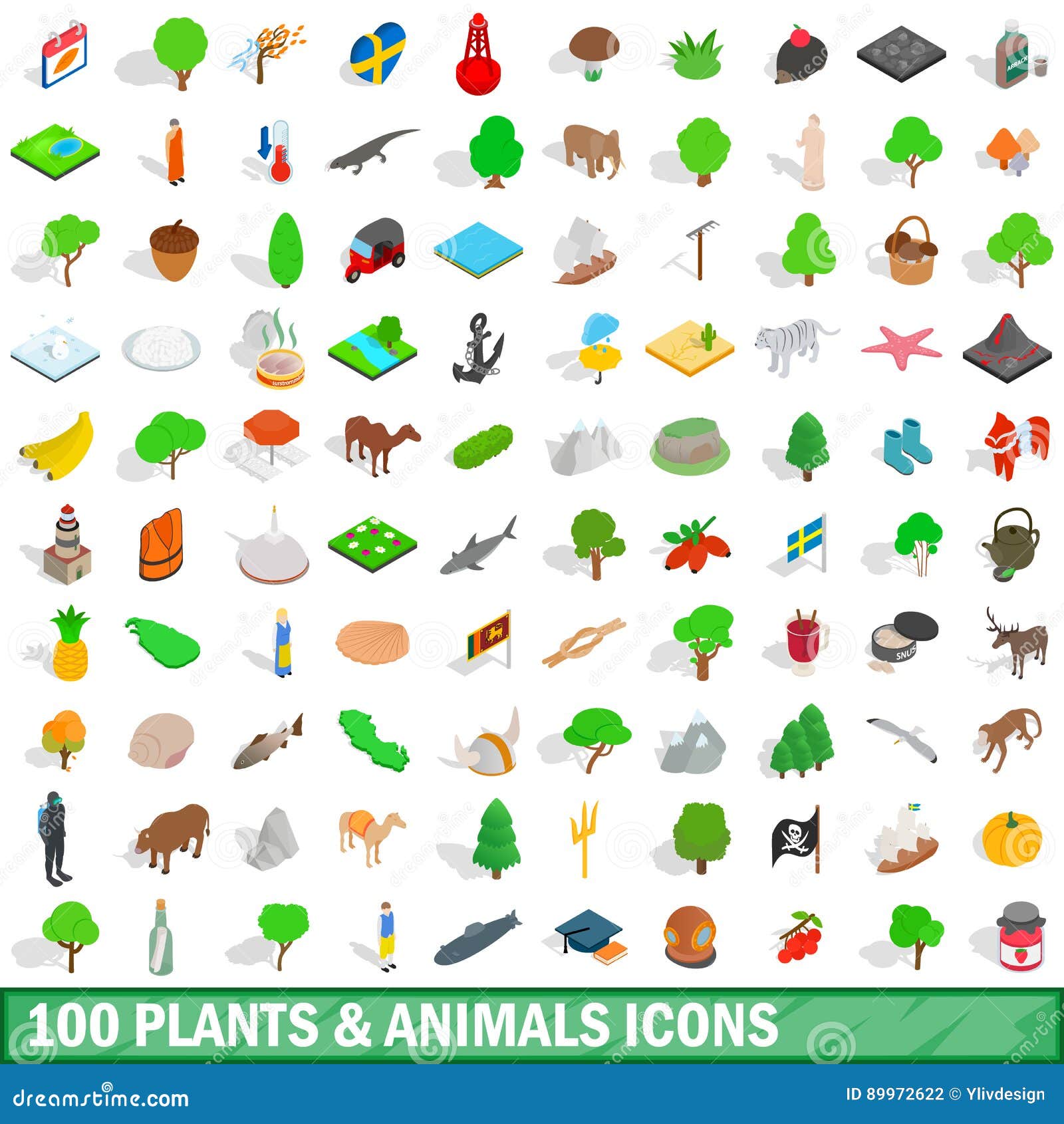 100 Plants and Animals Icons Set, Isometric Style Stock Vector ...