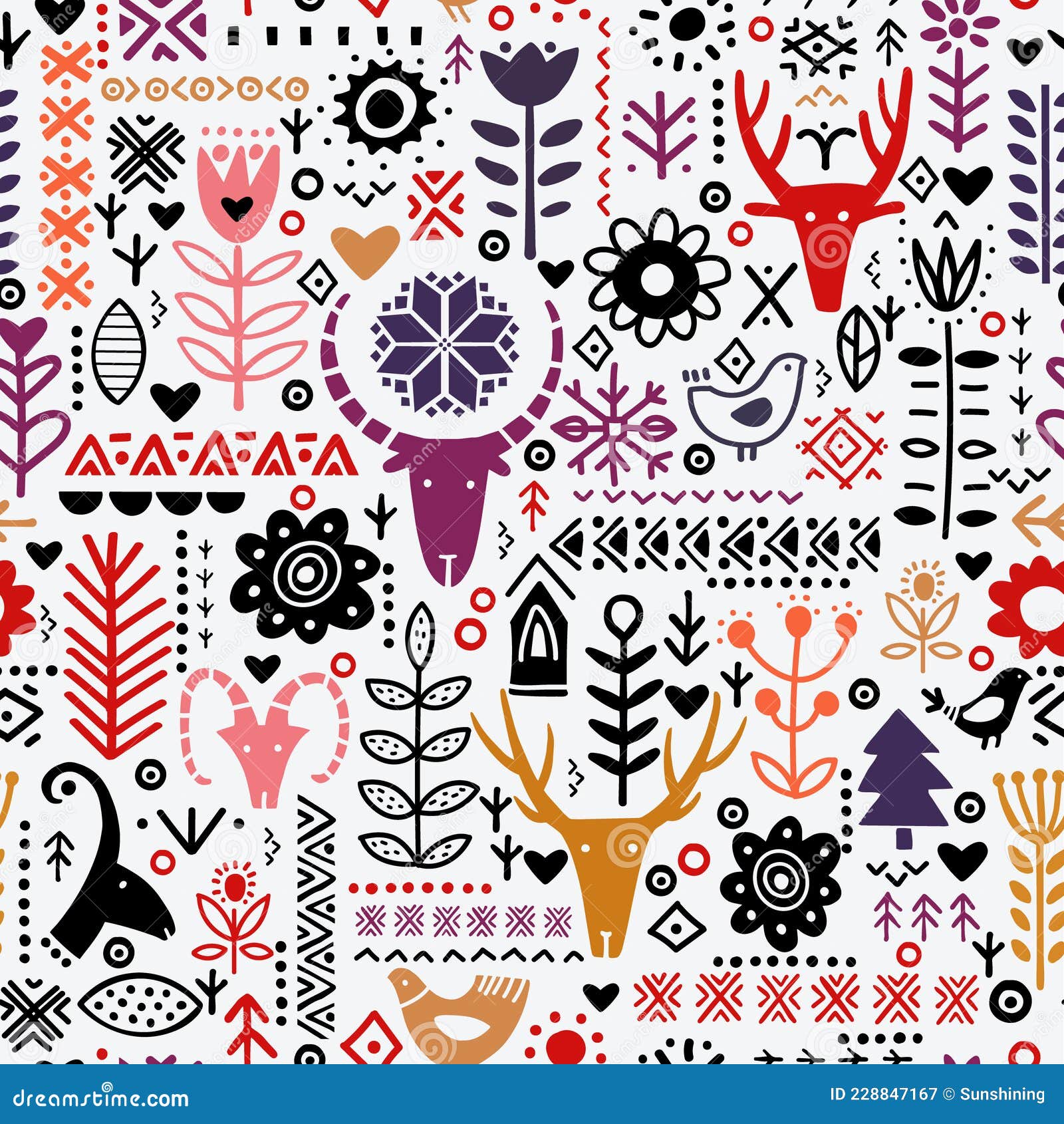 Plants and Deer in Nordic Style Seamless Pattern. Stock Vector ...