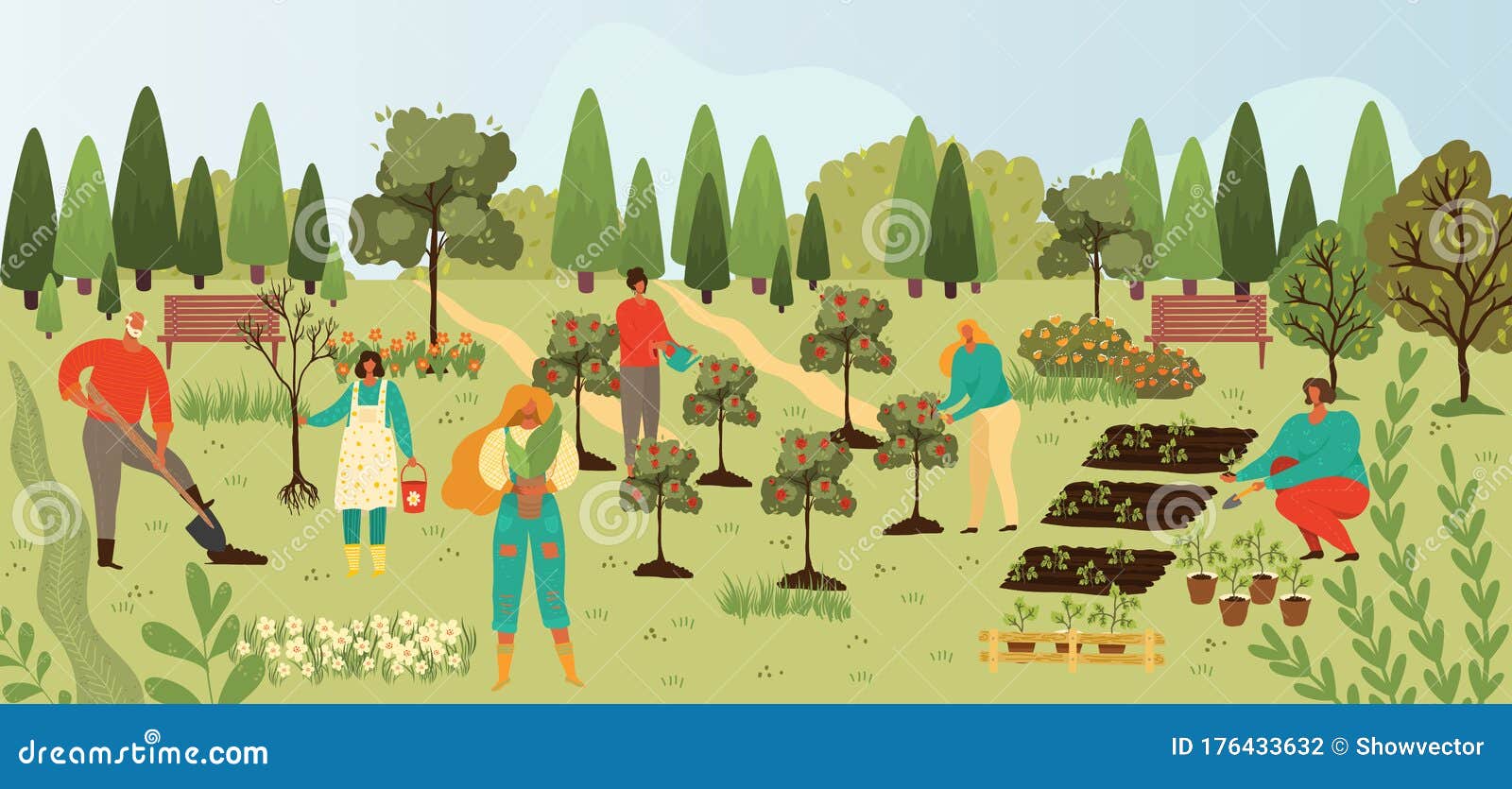 Plants And People Gardening Harvesting Fruits On Trees Plantation In
