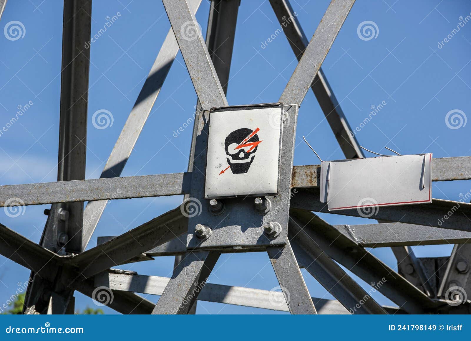 Plaque with Image of Skull on Power Line Support, Close-up Stock Image ...