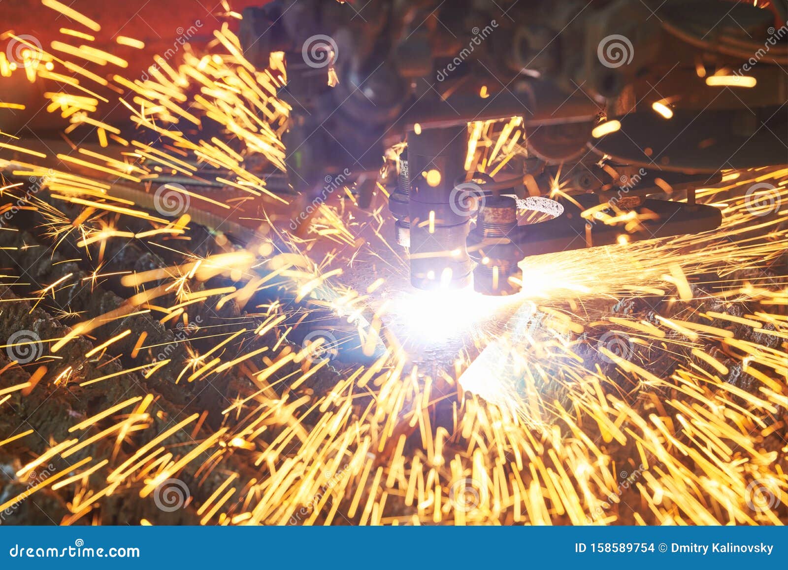 Gas Plasma Cutting. Metal Machining with Sparks on CNC Maching Stock ...