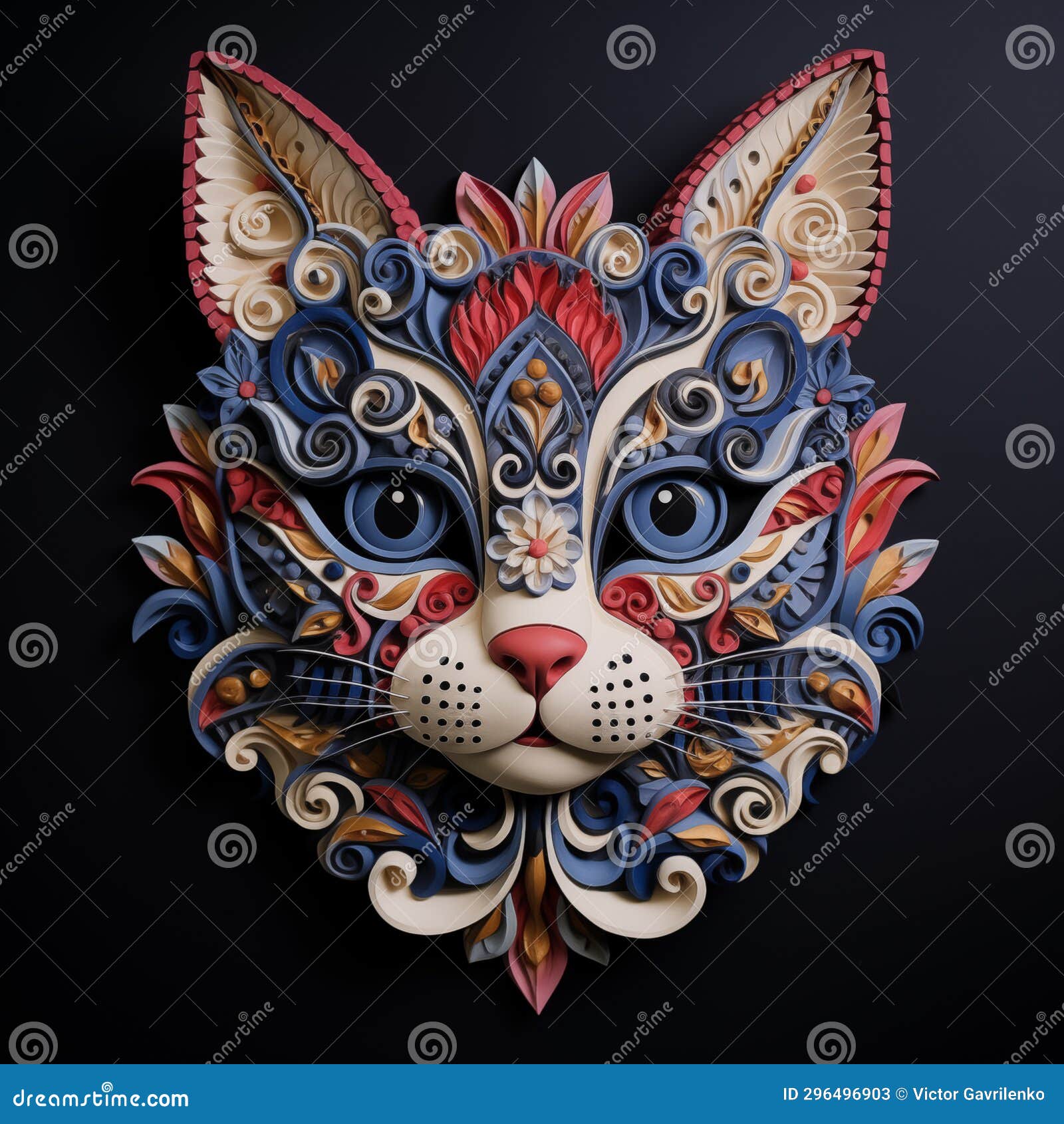 Plaster Cat Head with Carved Color Patterns, AI Stock Illustration ...