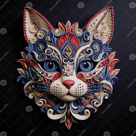 Plaster Cat Head with Carved Color Patterns, AI Stock Illustration ...