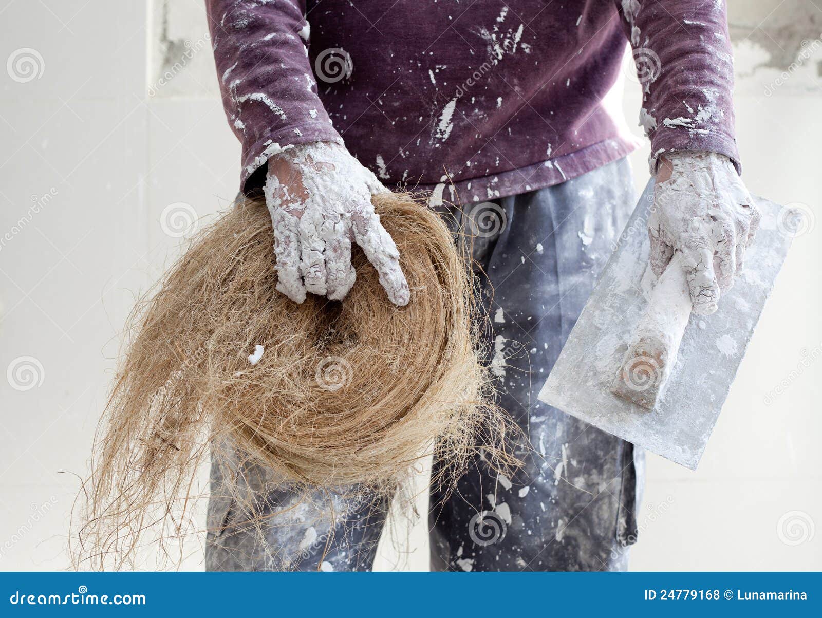 Plaster Dirty Hand with Hemp for Plasterboard Stock Photo - Image of ...