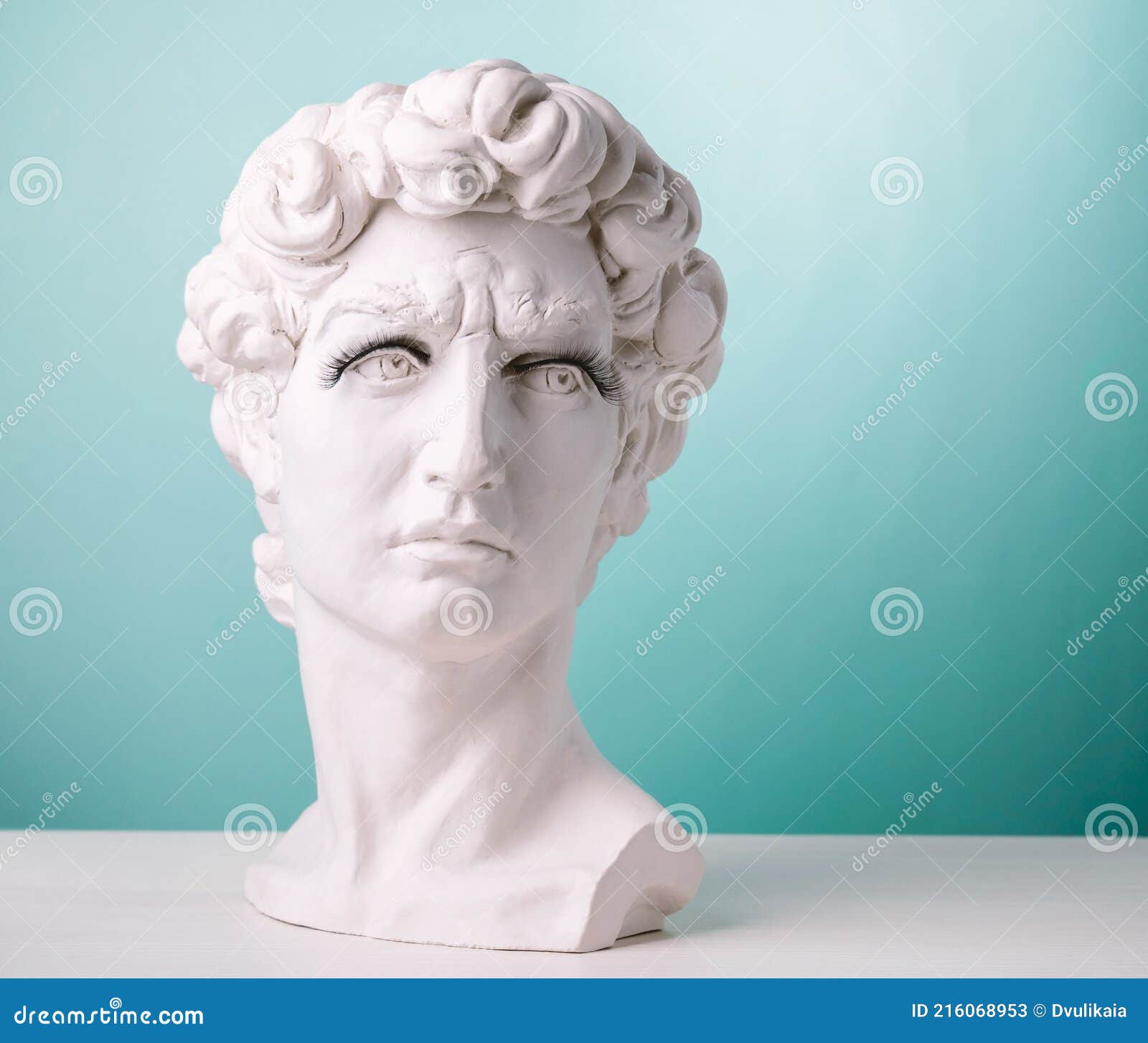 Plaster Statue Head Wearing Eyelashes Blue Background Stock Image ...