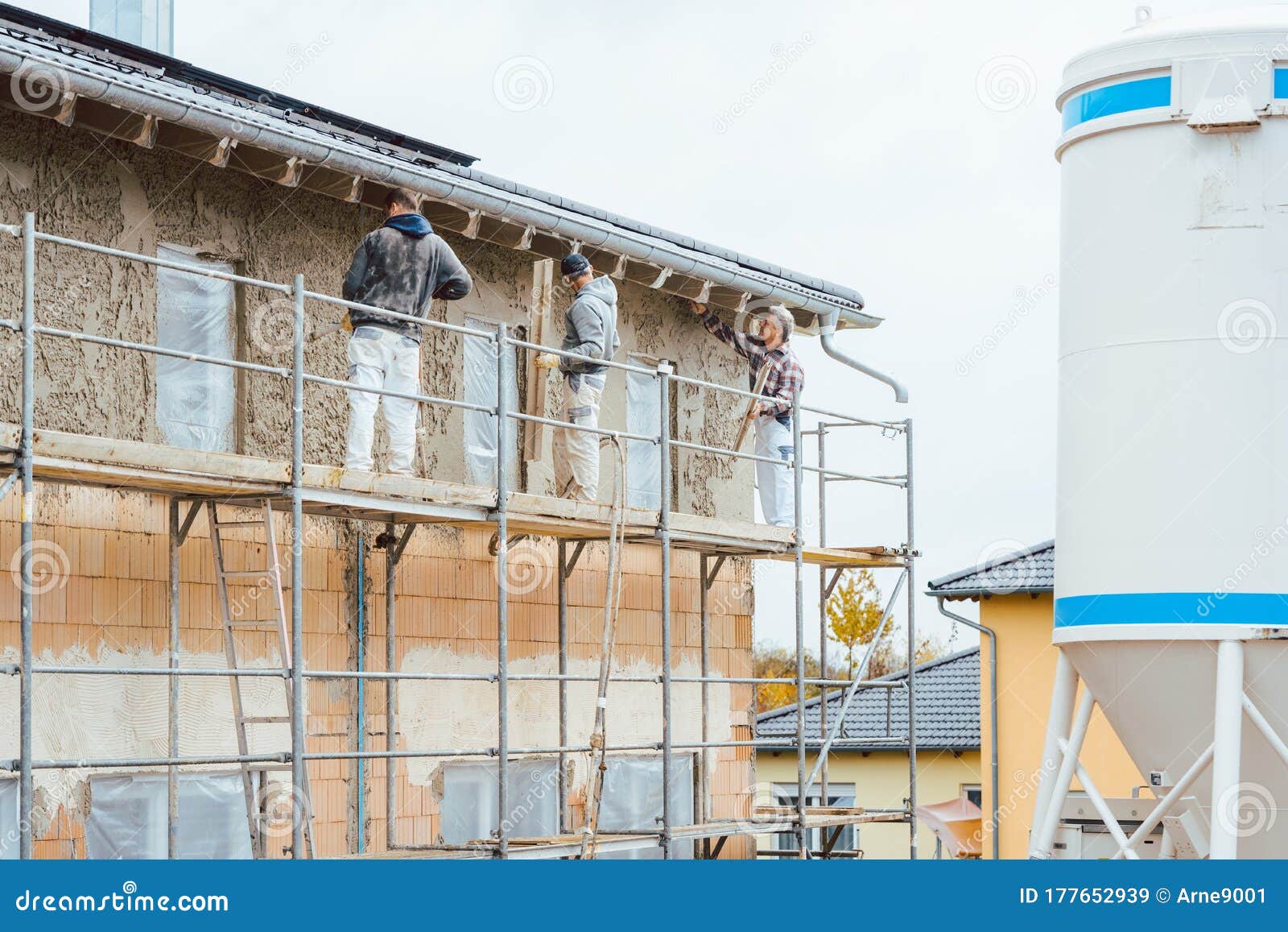Plaster Worker on Scaffold Working Stock Image - Image of european ...