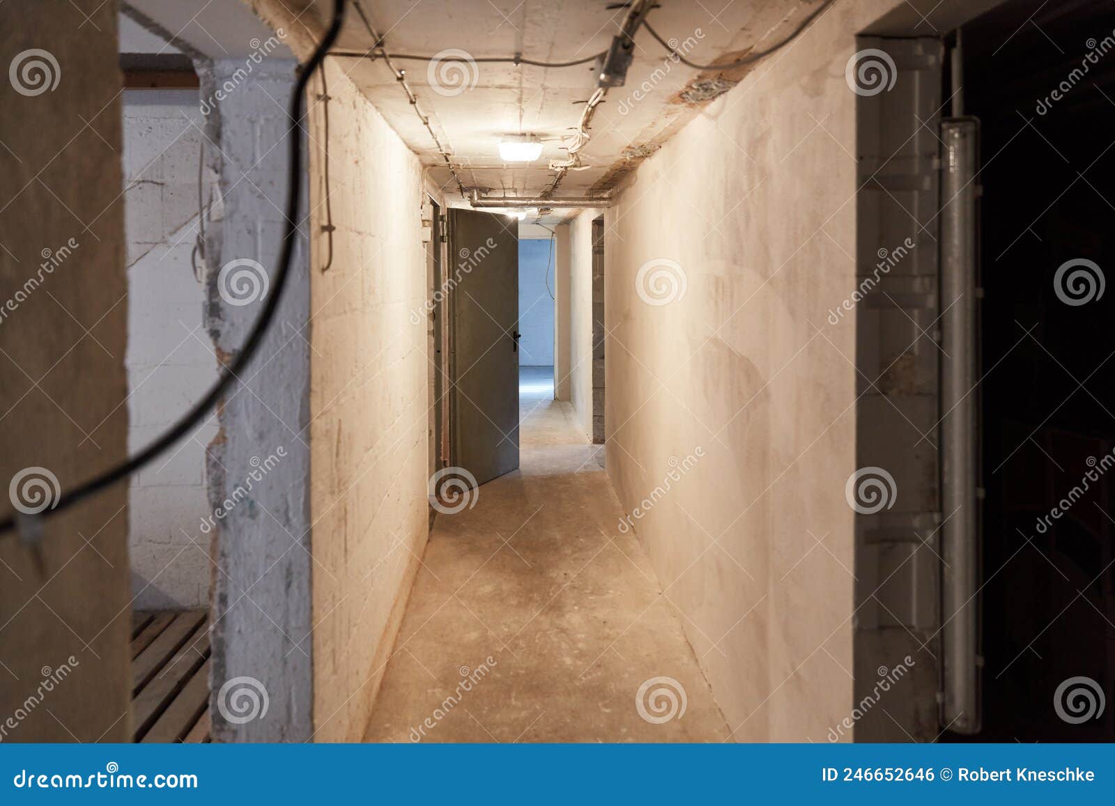 Plastered Corridor in the Basement with Ceiling Light and Door Stock ...