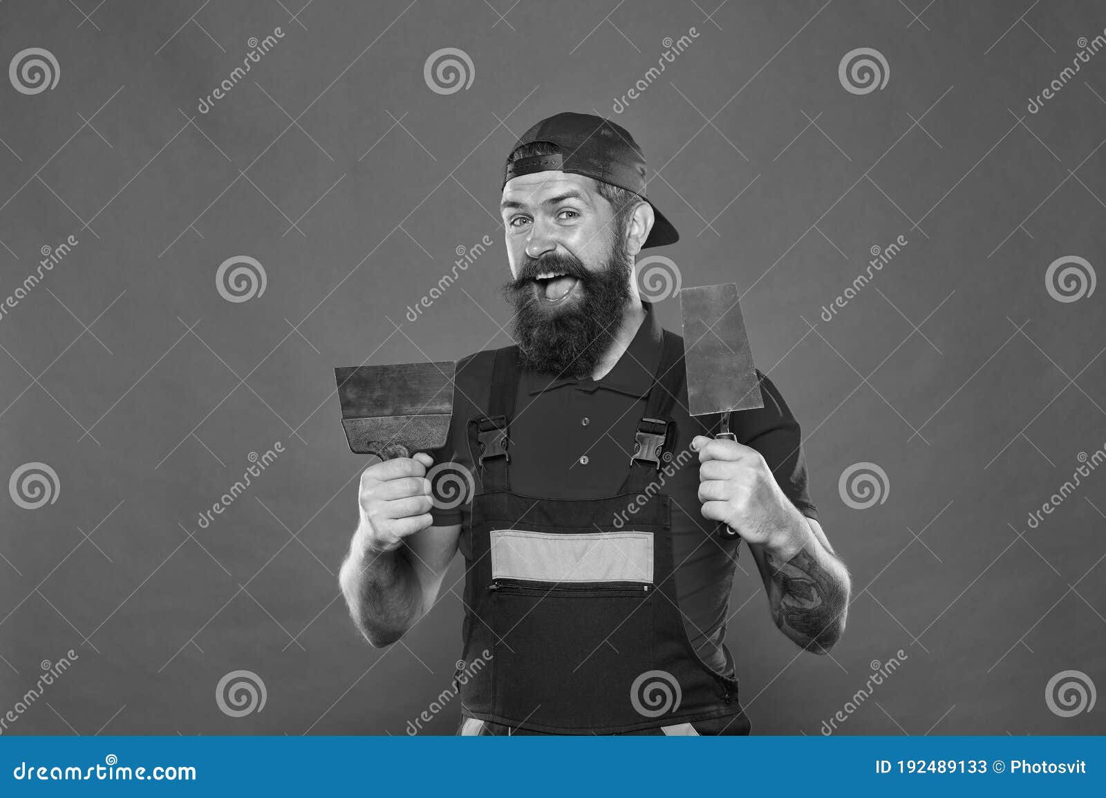 Plasterer Hipster Builder in Cap Red Background. Interior Designer ...
