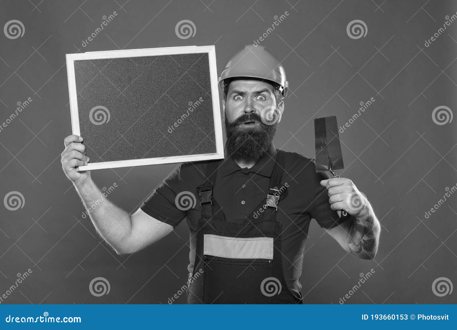 Plasterer Hipster Builder in Hard Hat Hold Blackboard Copy Space ...