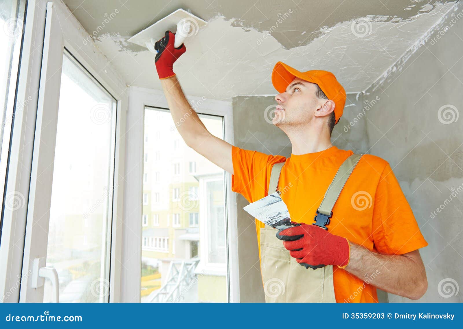 Plasterer at Indoor Ceiling Work Stock Image - Image of palette ...