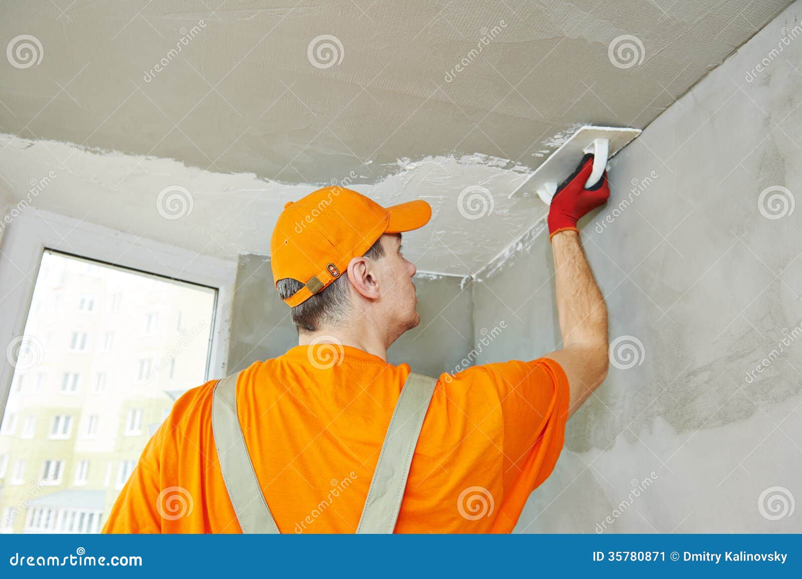 Plasterer at Indoor Ceiling Work Stock Image - Image of mortar, builder ...