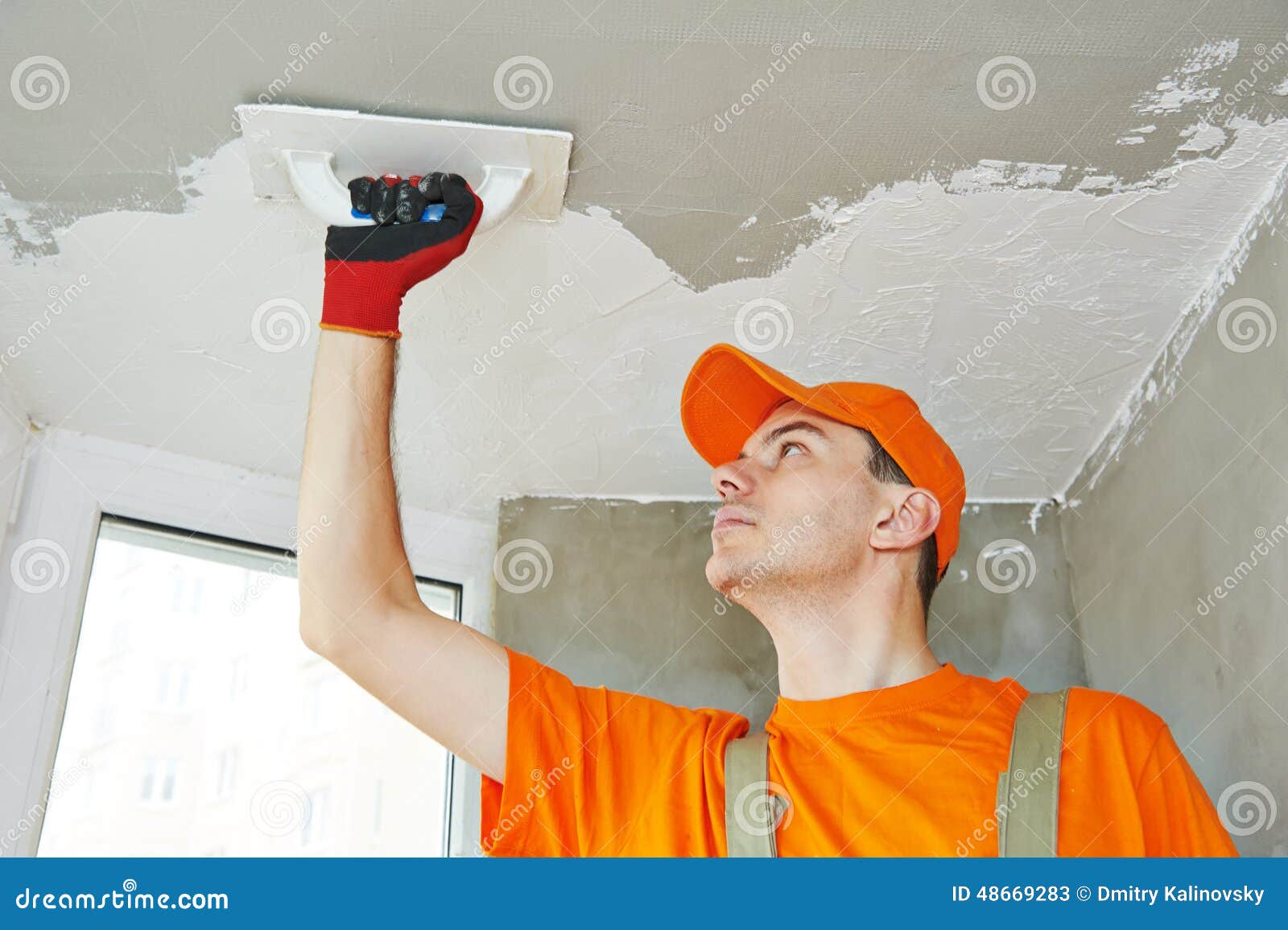 Plasterer at Indoor Ceiling Work Stock Image - Image of equipment ...