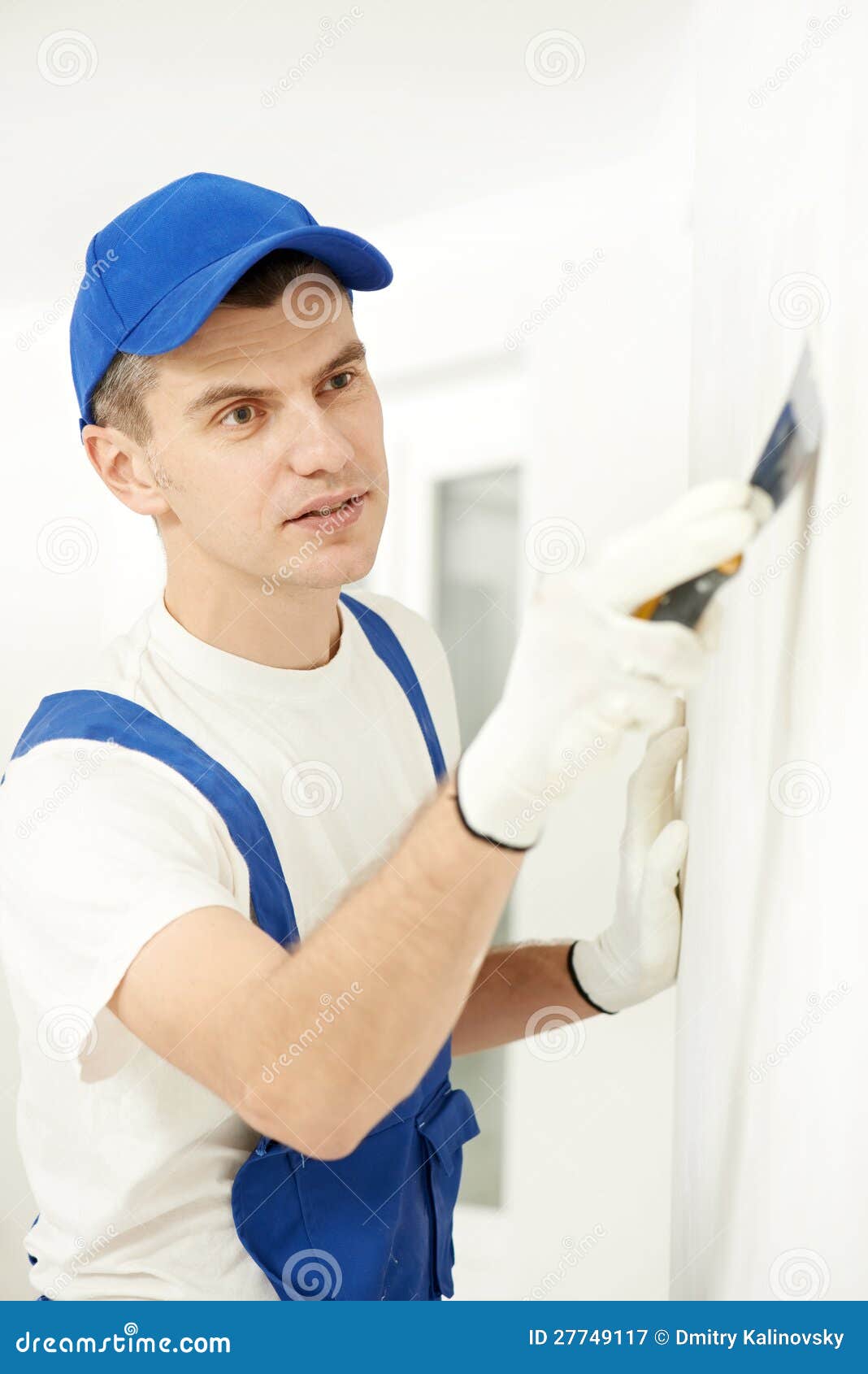 Plasterer with Putty Knife at Wall Filling Stock Image - Image of ...