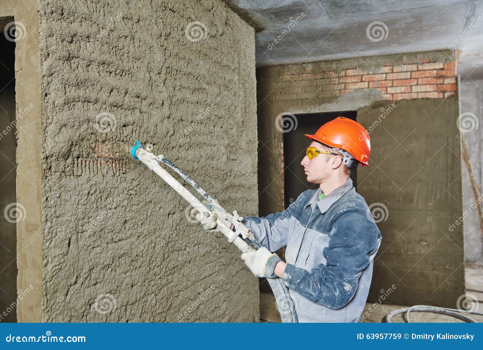Plasterer Spraying Plaster on Wall Stock Image - Image of cover ...