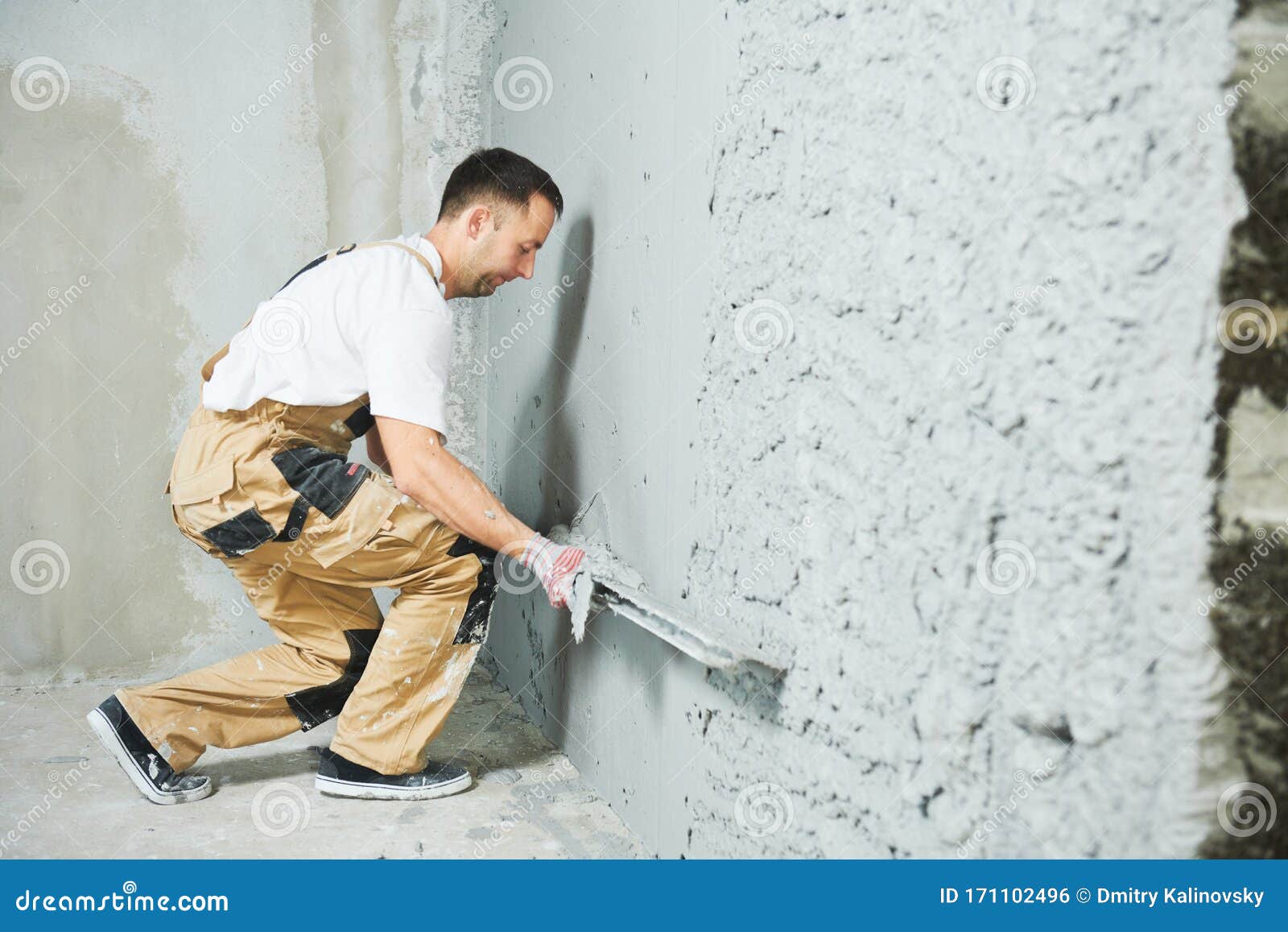 Plasterer Using Screeder Smoothing Putty Plaster Mortar On Wall Stock ...