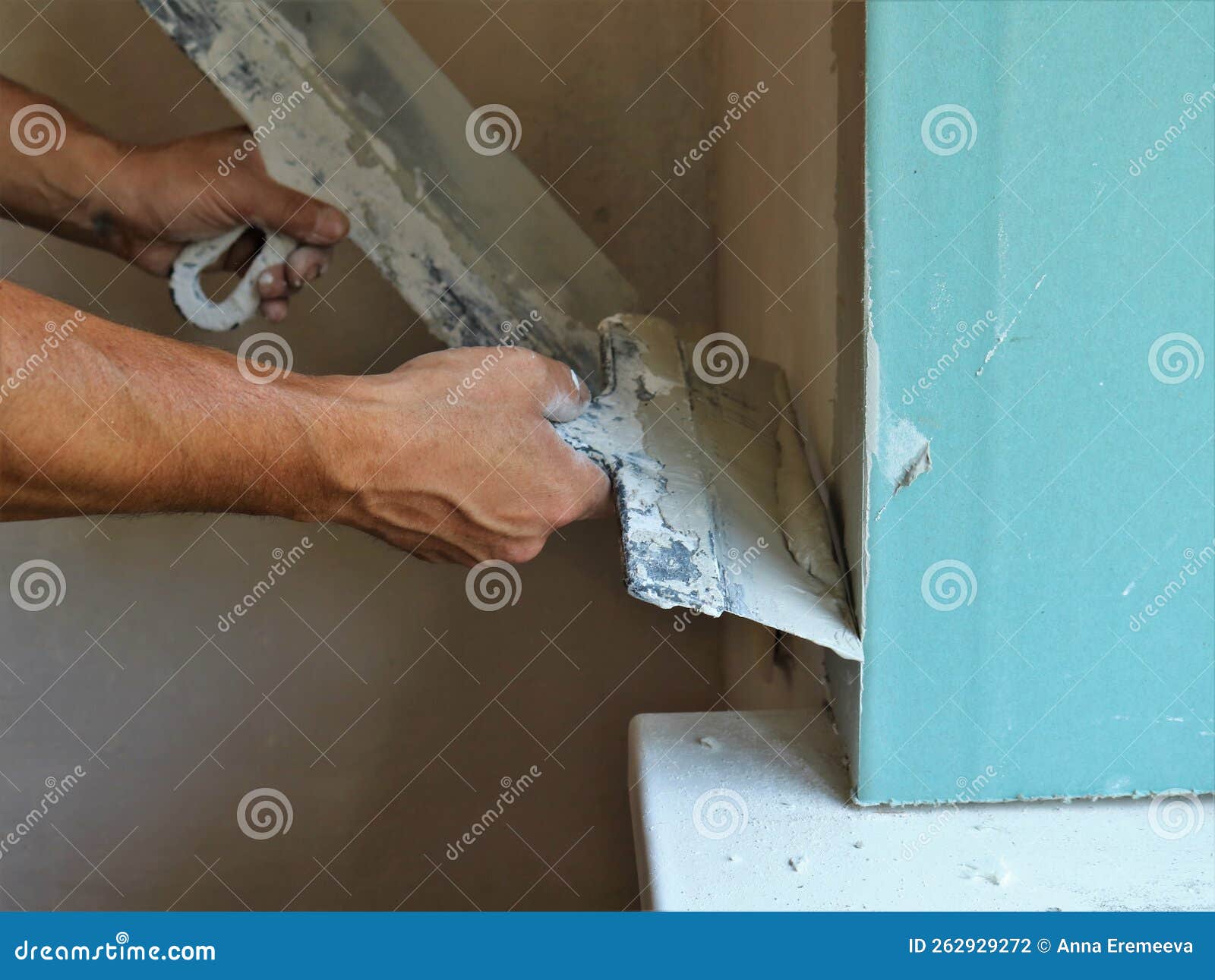 Plasterer Work with Window Slope and Putty Stock Photo - Image of ...