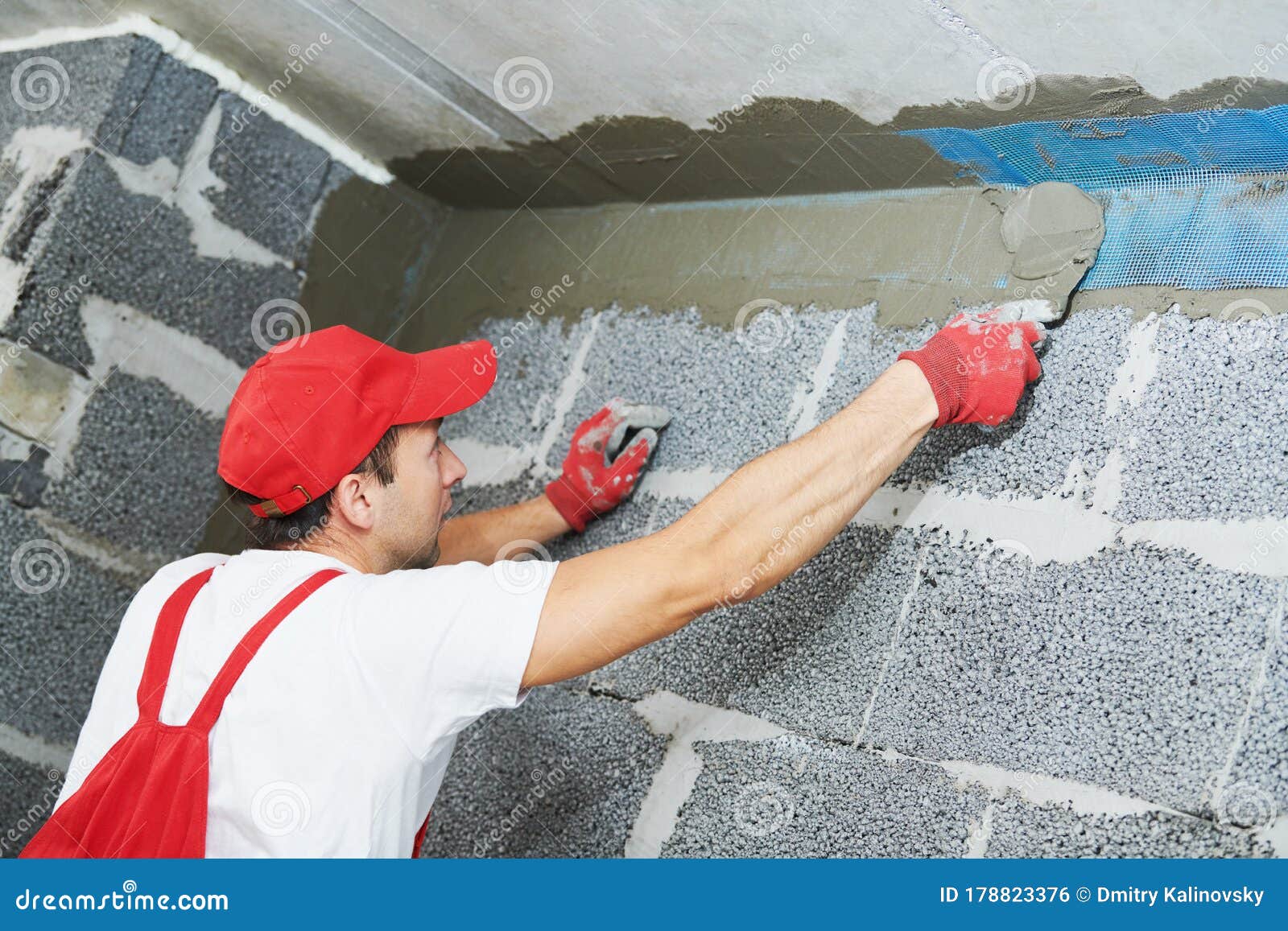 Plasterer Worker Protecting Corner with Mesh. Building Technology Stock ...