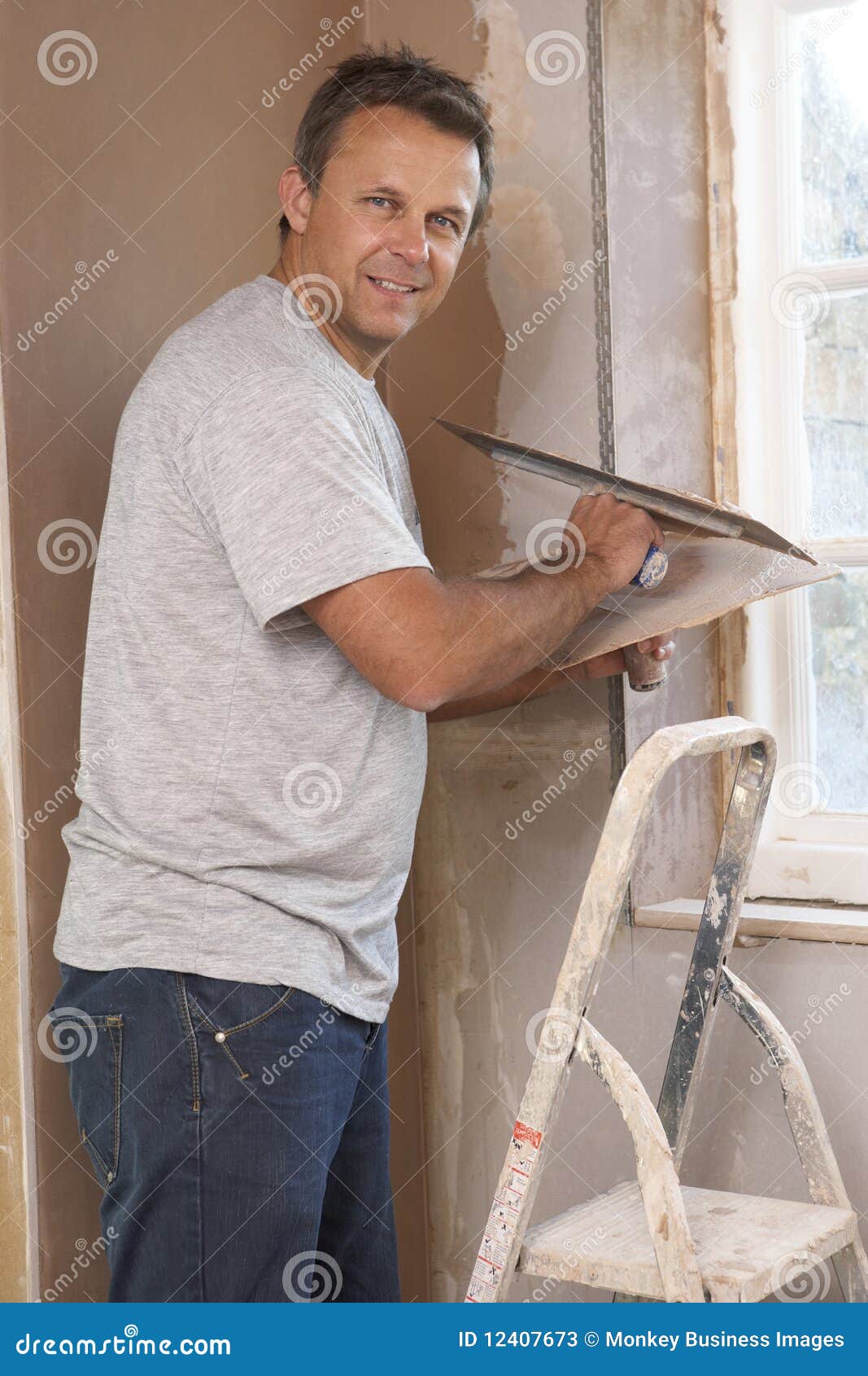 Plasterer Working on Interior Wall Stock Image - Image of worker, site ...