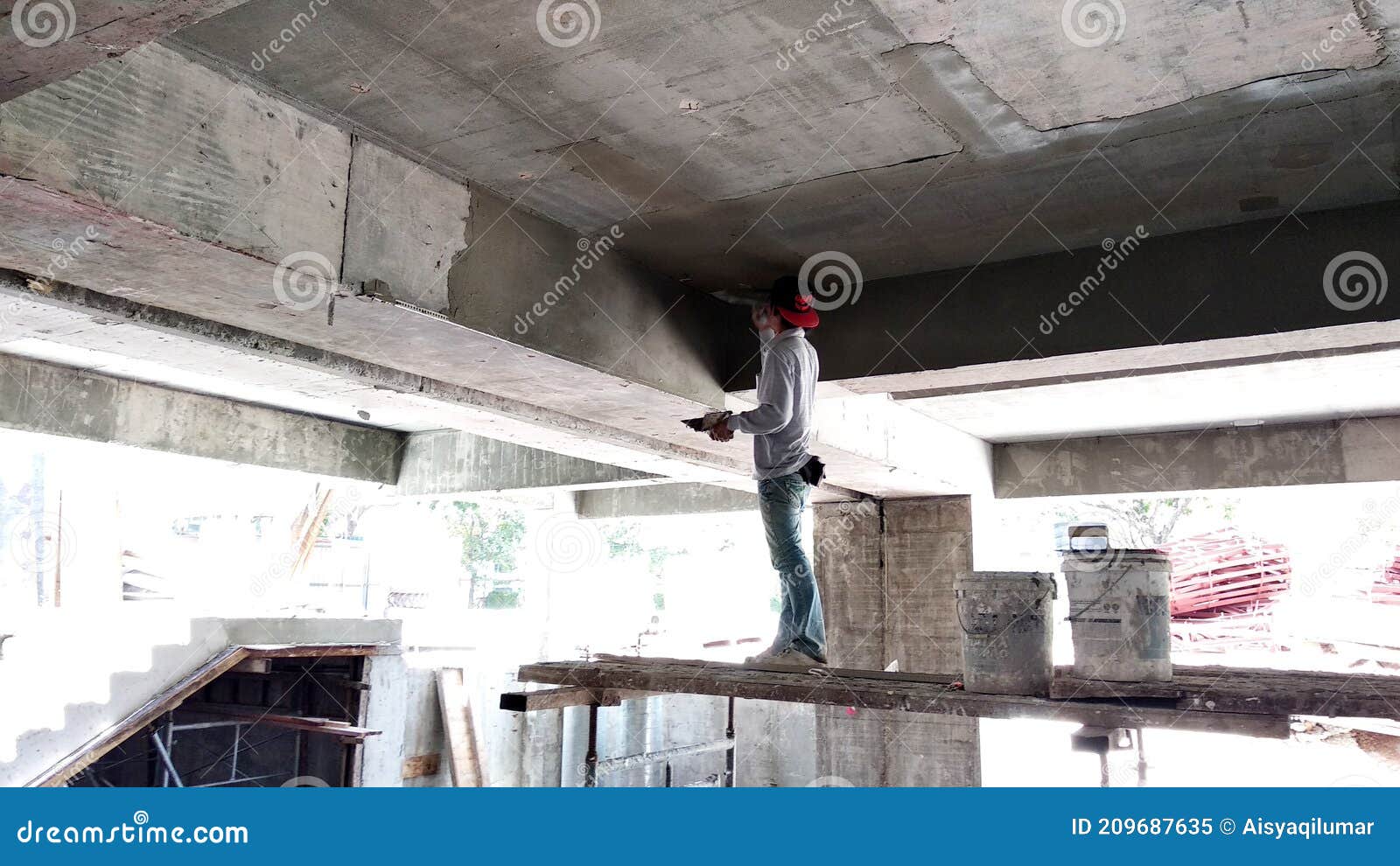 Plastering Work By Construction Workers Using The Cement Plaster ...