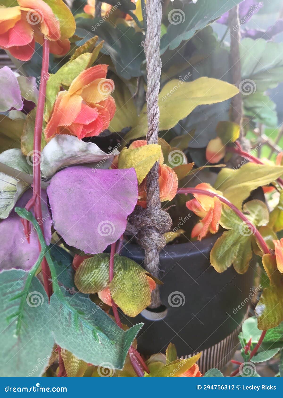 A Plastic Artifical Plant in a Container with Rope Stock Photo - Image ...