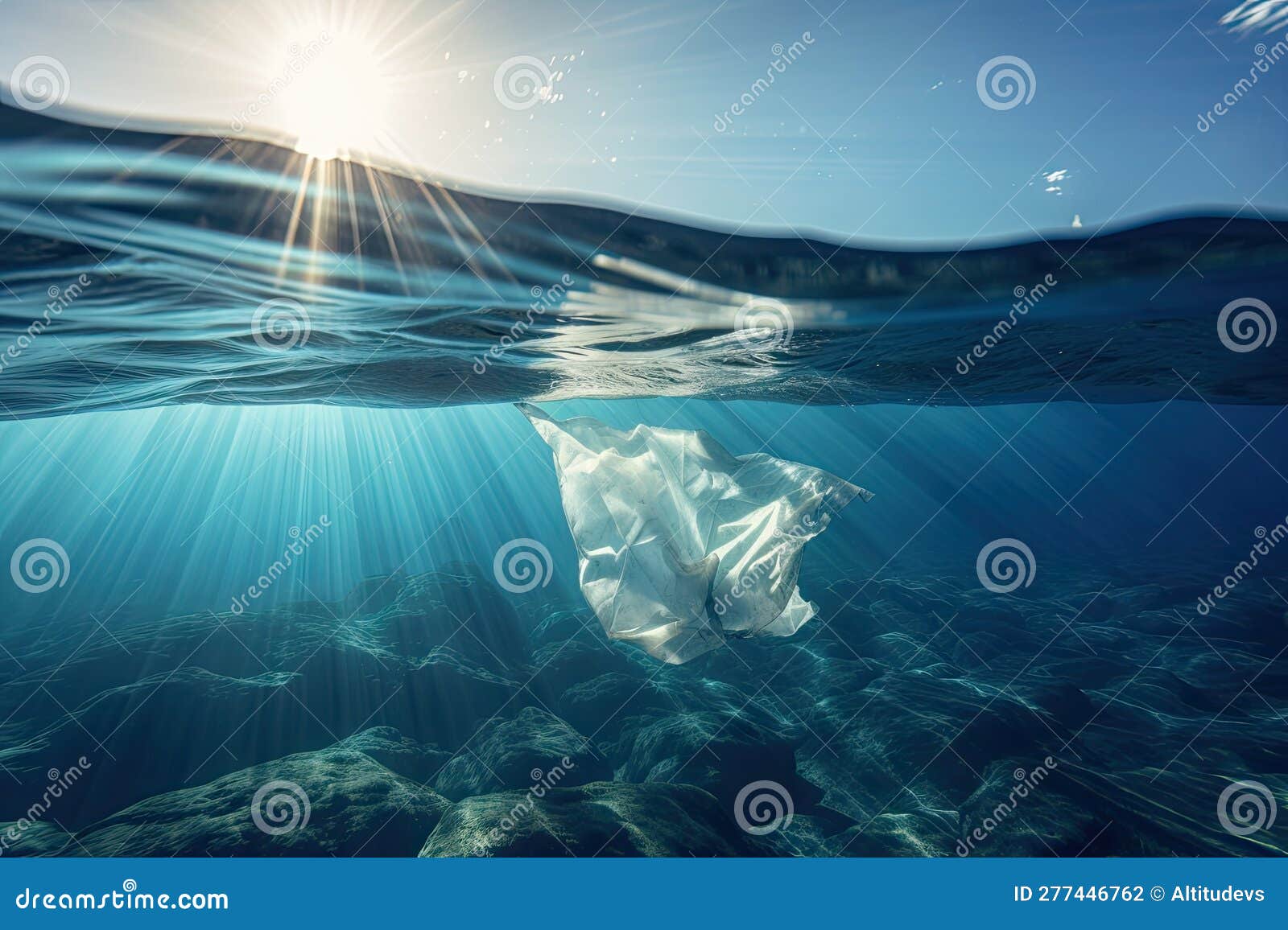 Plastic Bag Drifting through Clear Blue Ocean, with Sunlight Shining ...