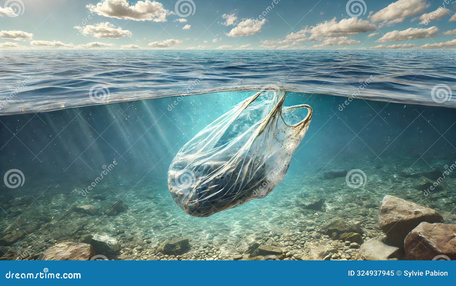 Plastic Bag Floating in Ocean Water Stock Illustration - Illustration ...