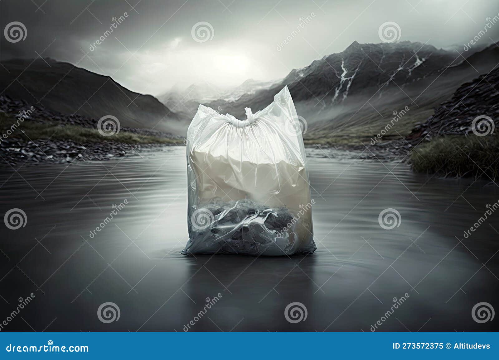 Plastic Bag Floating in Polluted River, with Greyscape in the ...
