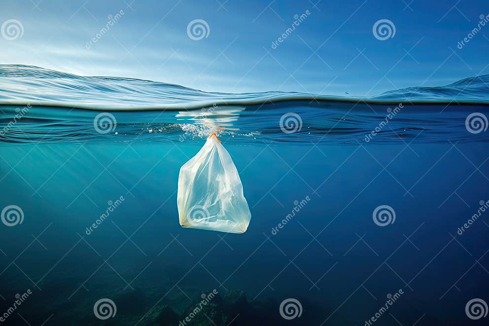 Plastic Bag Floating on the Surface of the Ocean Stock Illustration ...