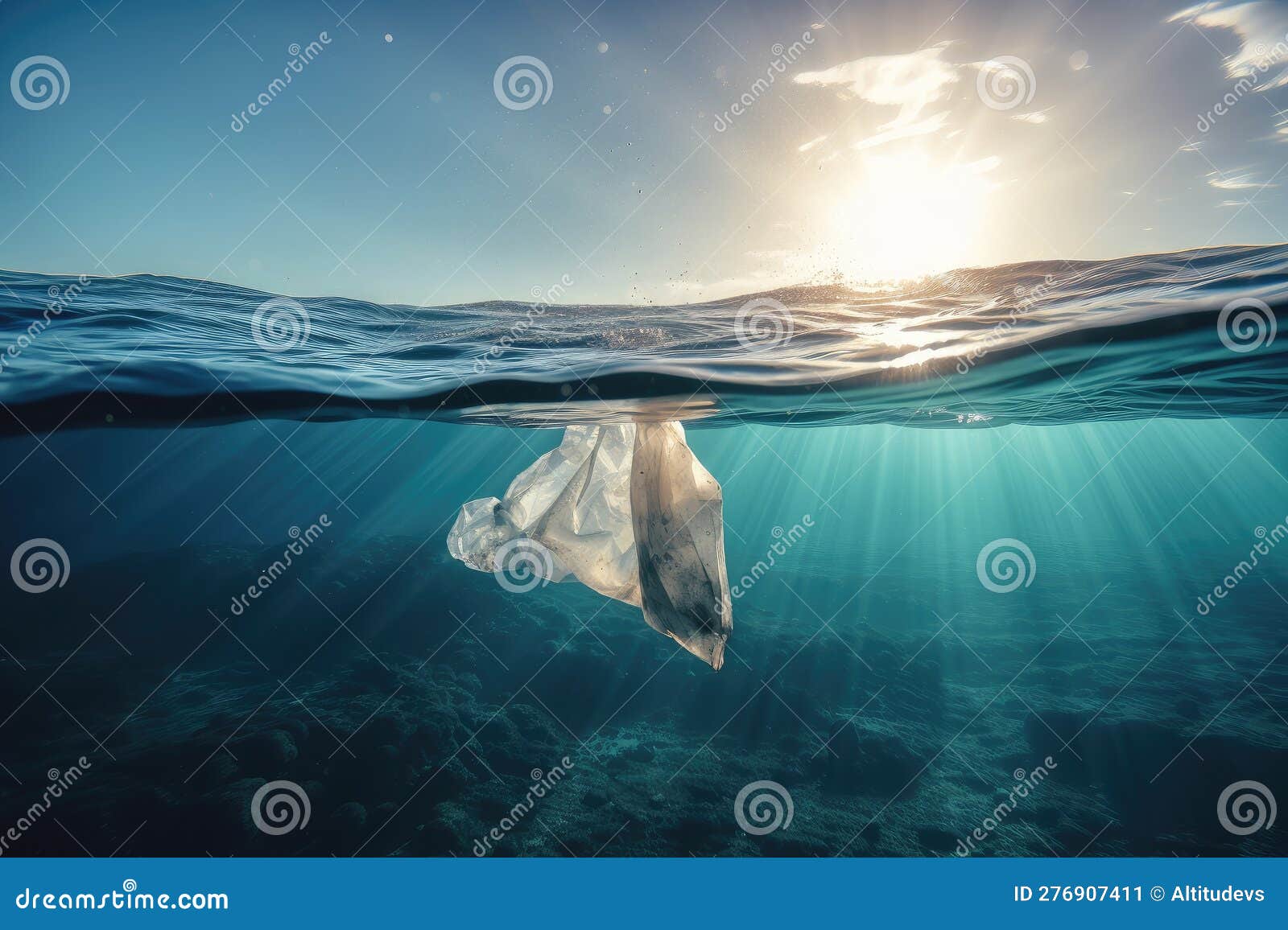 Plastic Bag Floating on the Surface of the Ocean, with Sun Shining Down ...