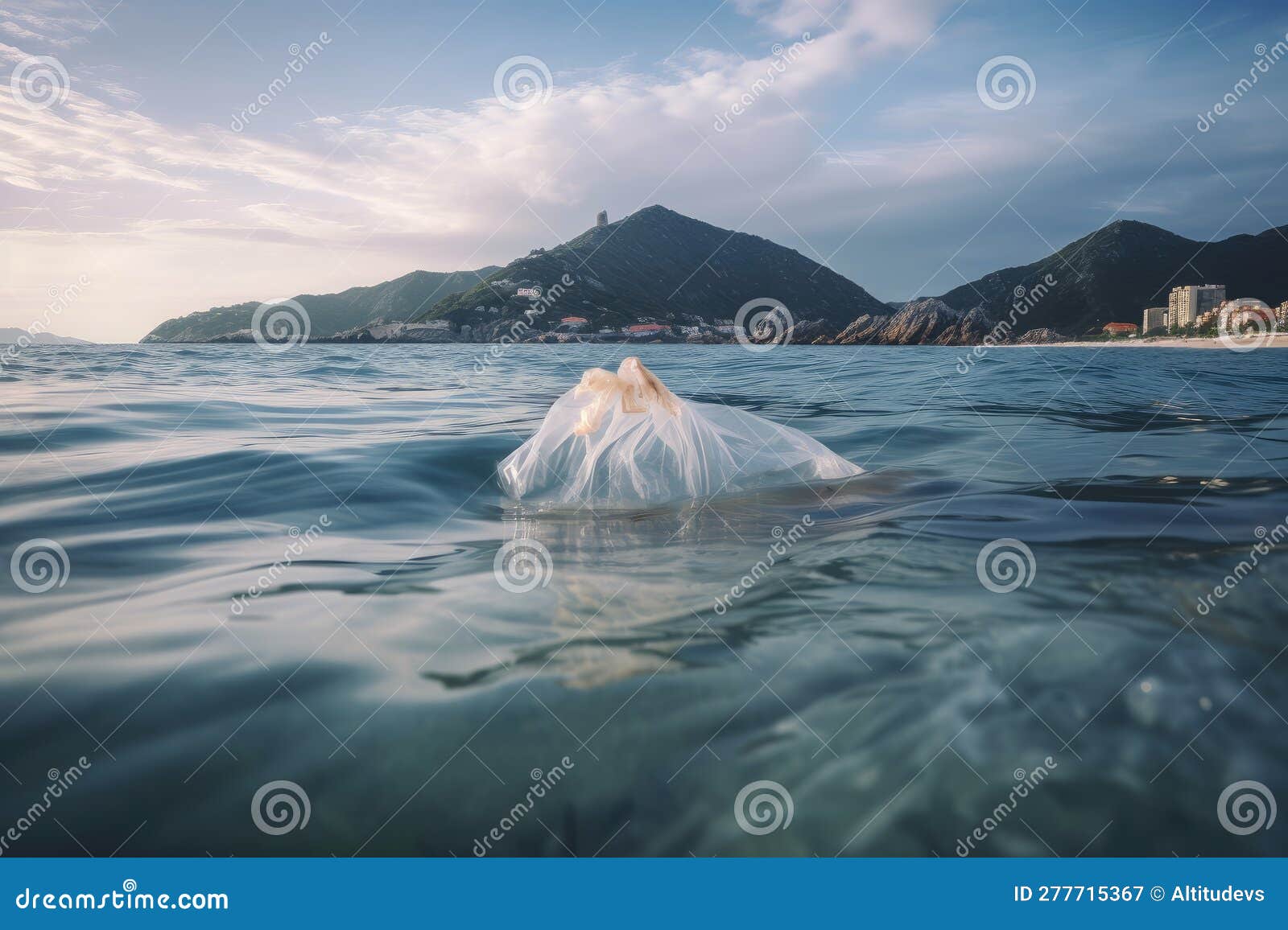 Plastic Bag Floating on the Waves, with View of Stunning Natural ...
