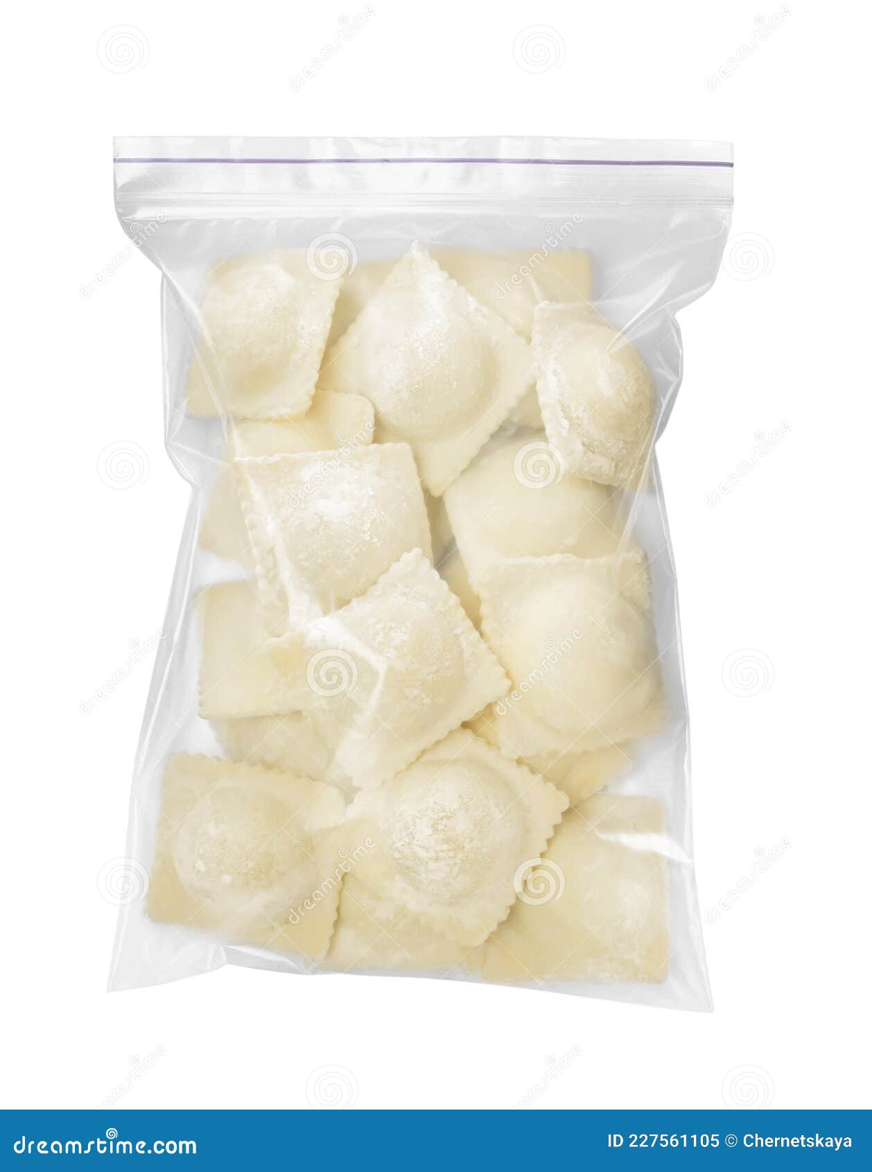 Plastic Bag with Uncooked Ravioli on White Background, Top View Stock ...