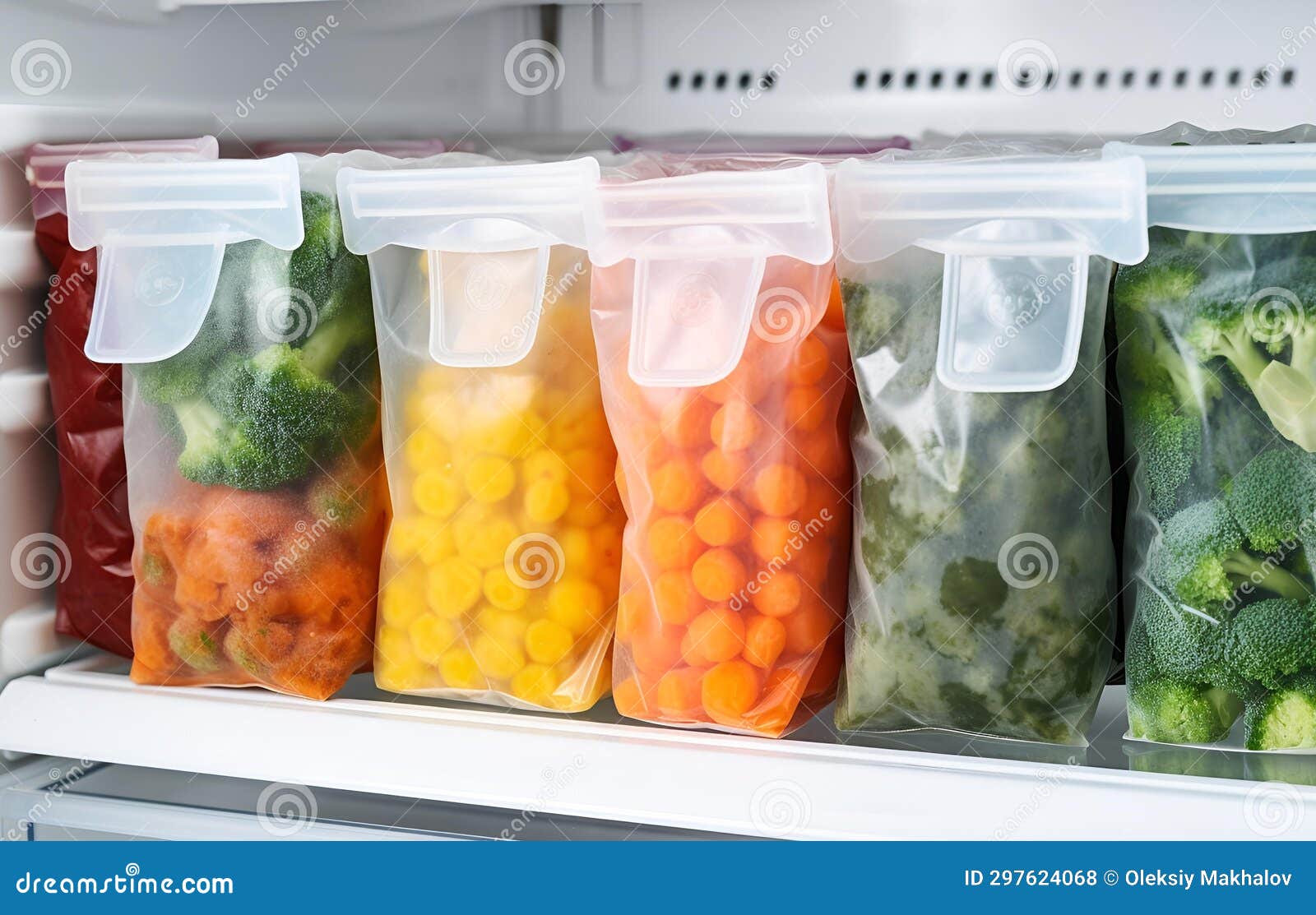 Plastic Bags with Deep Frozen Vegetables on White Shelves in the ...