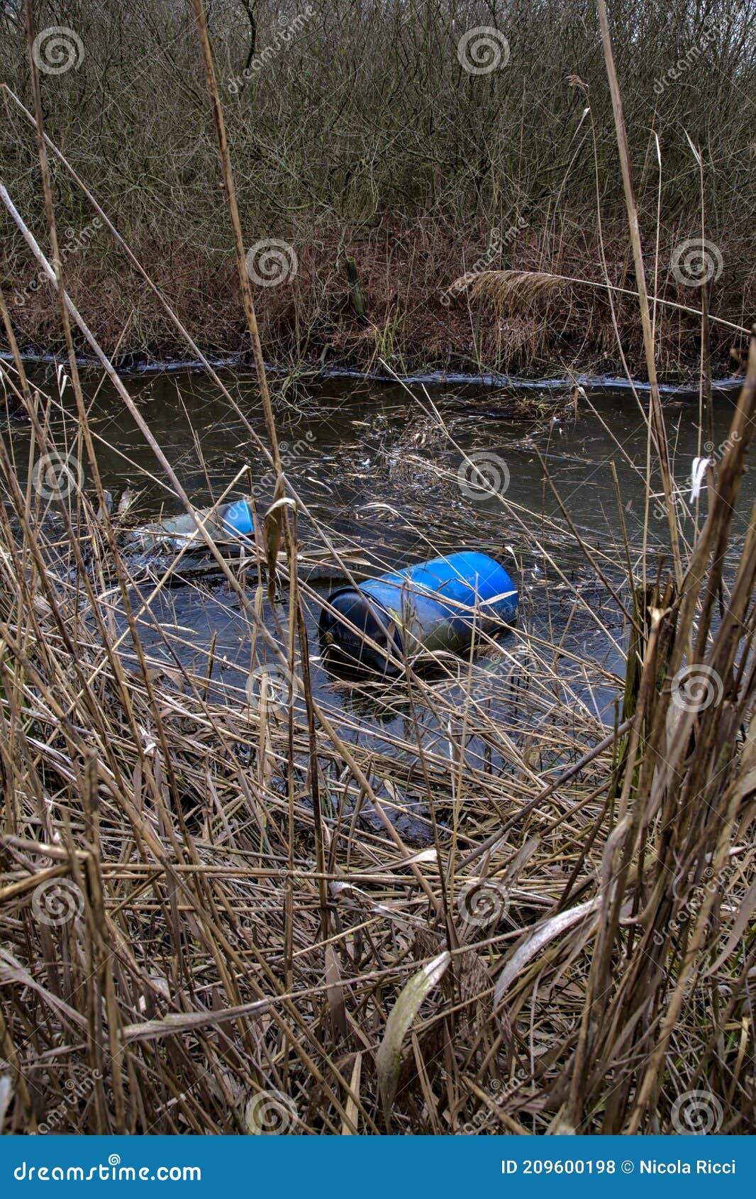Plastic Barrels Floating in a Stream of Water in a Marsh Stock Photo ...