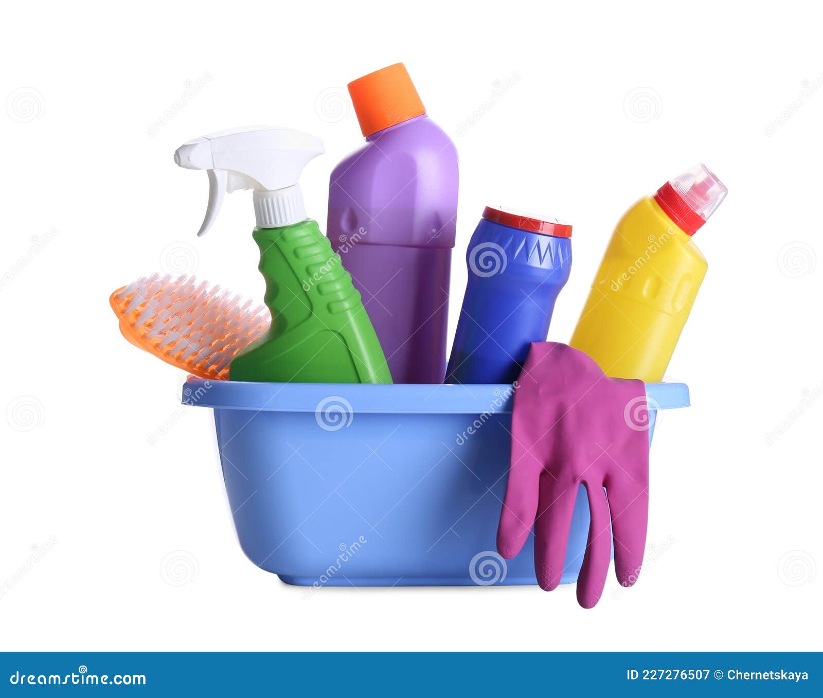 Plastic Basin with Cleaning Supplies on White Stock Image - Image of ...